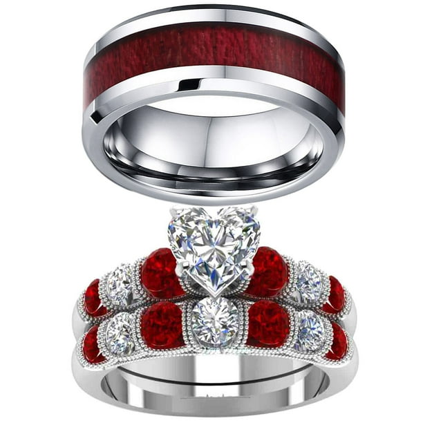 Red Matching Ring Couple Rings White Gold Plated 1CT CZ Women Wedding ...