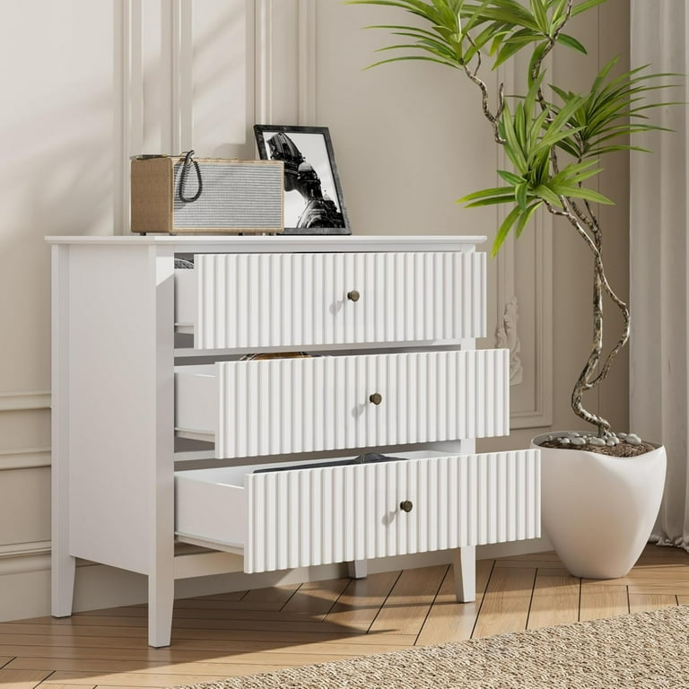 May in Color White 3 Drawer Dresser Painted 30 inch Tall Wood Nightstand with Storage Wide Modern Chest of Drawers with Ball Bearing Slide for