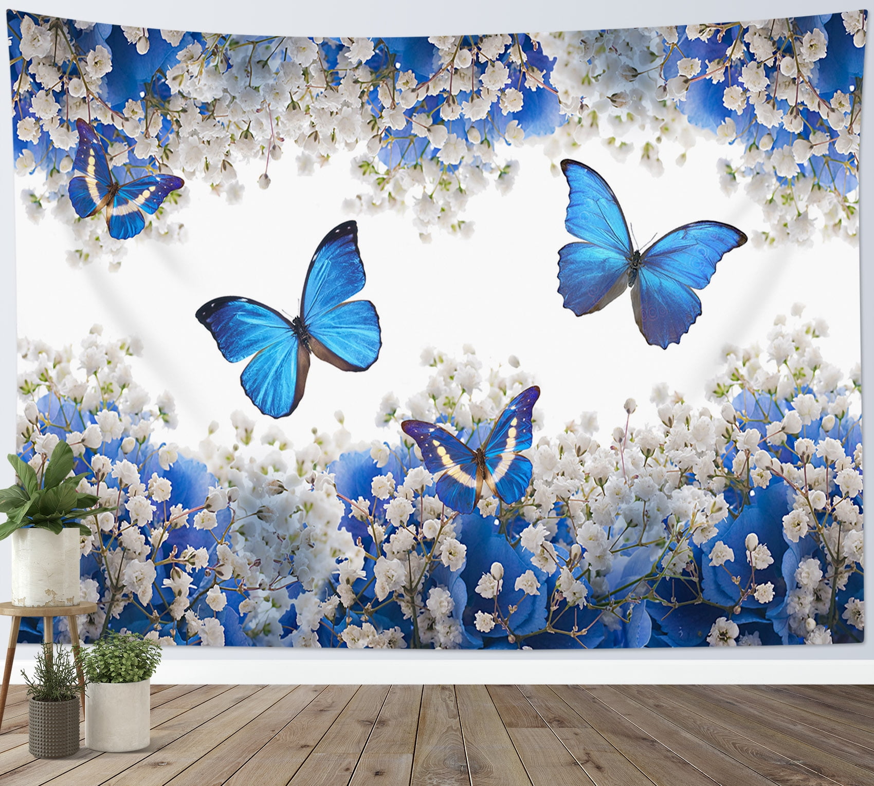 HVEST Floral Butterfly Tapestry White and Blue Flower Spring Country ...