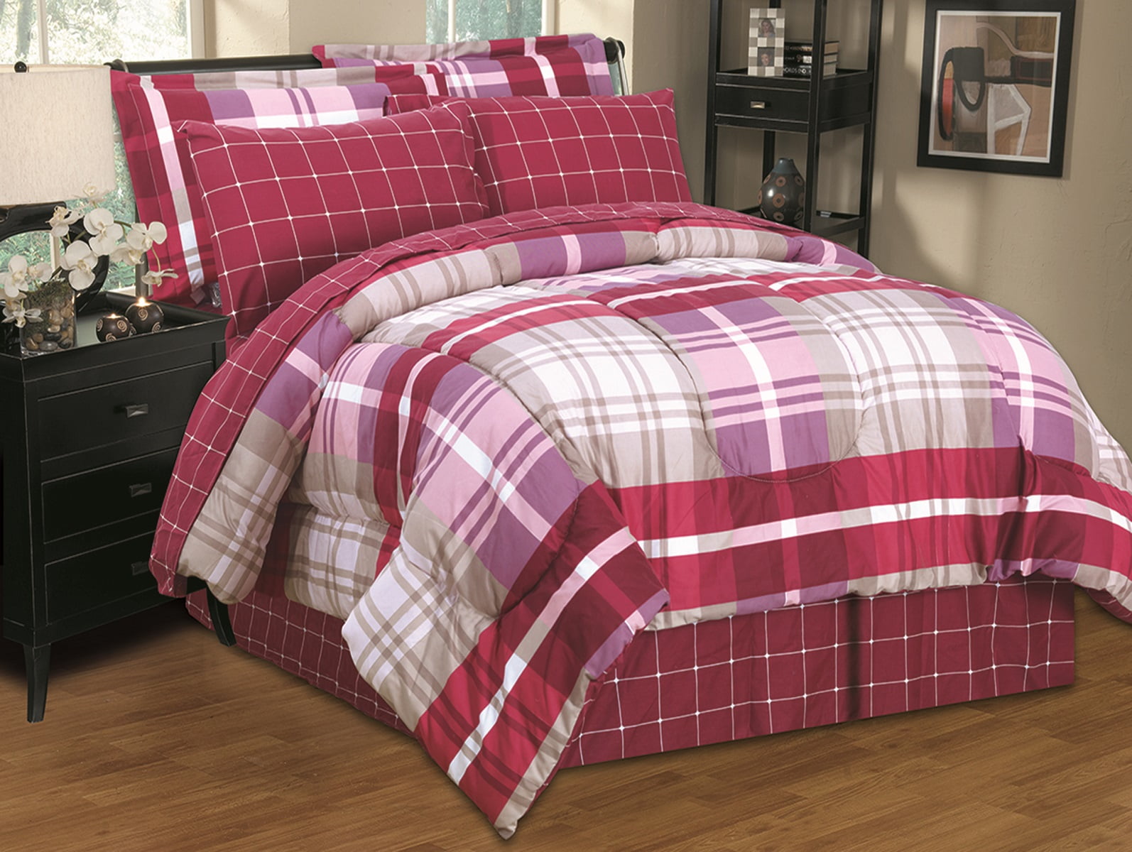 6 Piece Tommy Burgundy Plaid Bed in a Bag Comforter Set With Sheets