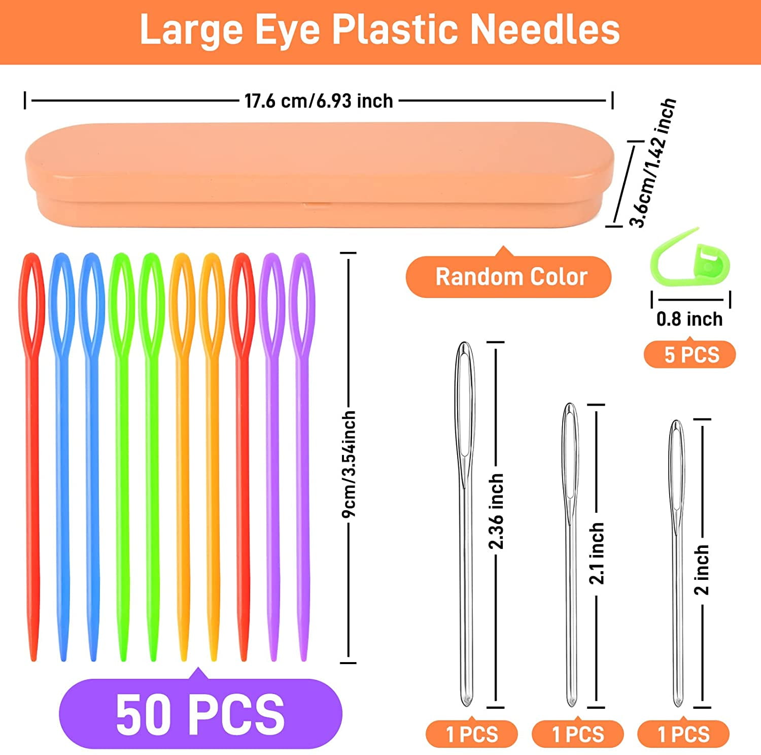 50Pcs Large Eye Plastic Needles with Storage Box, 3.5In/9cm Colorful ...