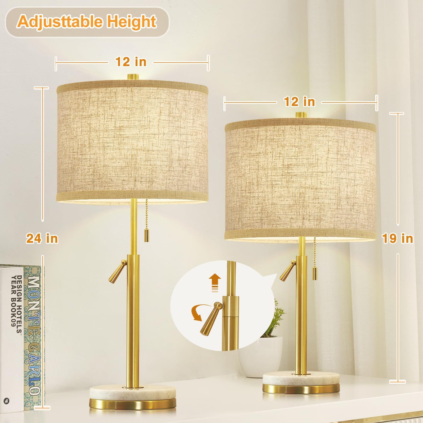 NATYSWAN Table Lamps, Adjustable Height Bedside Marble Table Lamps with ...