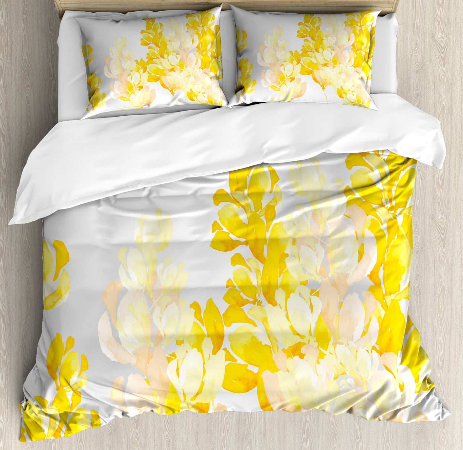 Yellow and White Duvet Cover Set Queen Size, Watercolor Art Style ...