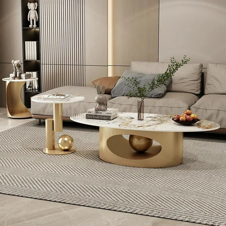 Marble Modern Effect Coffee Tables Luxury Legs Metal Nordic Oval Side Table White Premium Table Basses De Salon Home Furniture Walmart