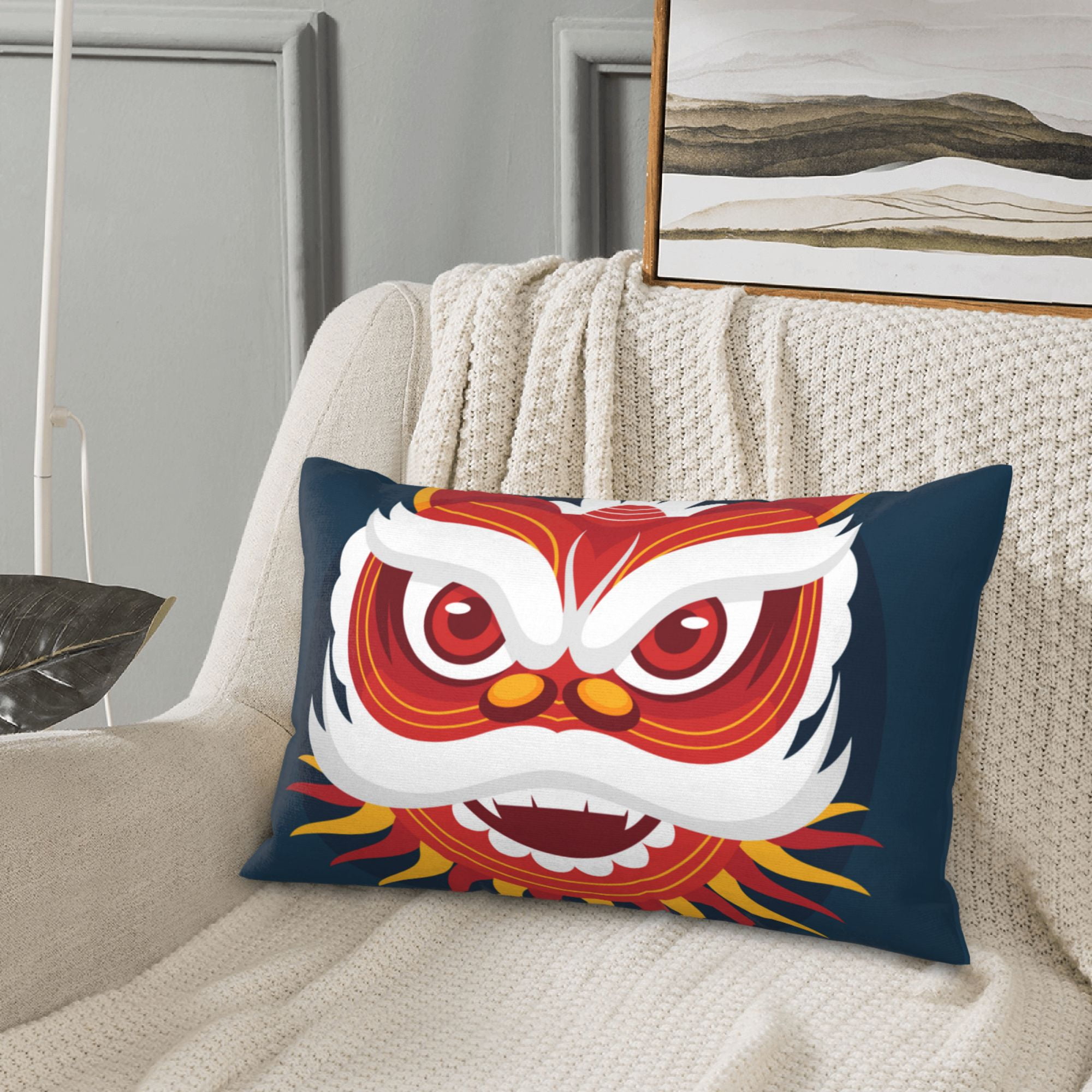 ZNDUO Rectangular Plush Cushion Cover, Cartoon Lion Dance Pattern Non ...