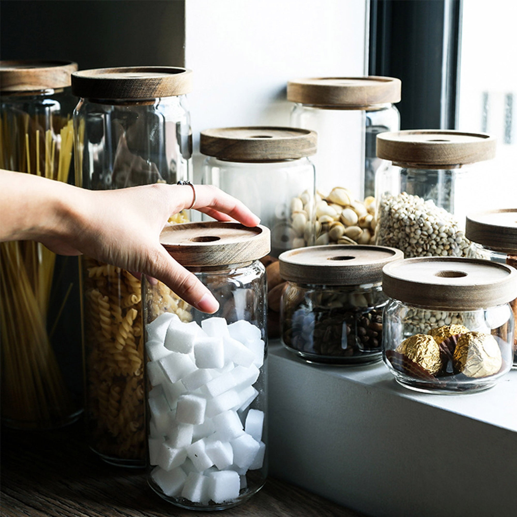 Kitchen Food Holder, Wood Lid Bottle, Home Clear Space Saving ...