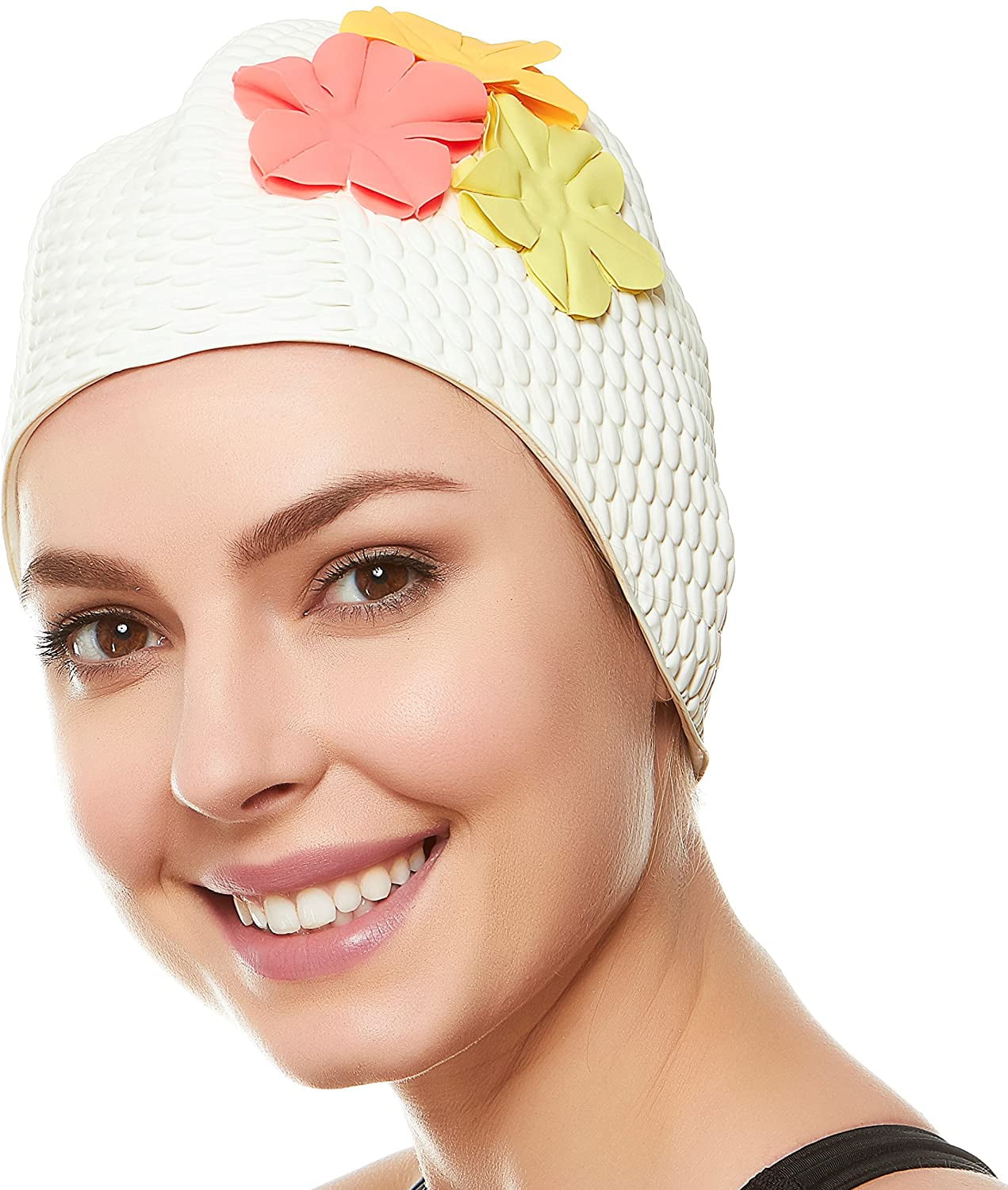 Beemo Swim Bathing Caps for Women Latex Swim Hat - White with Colored ...