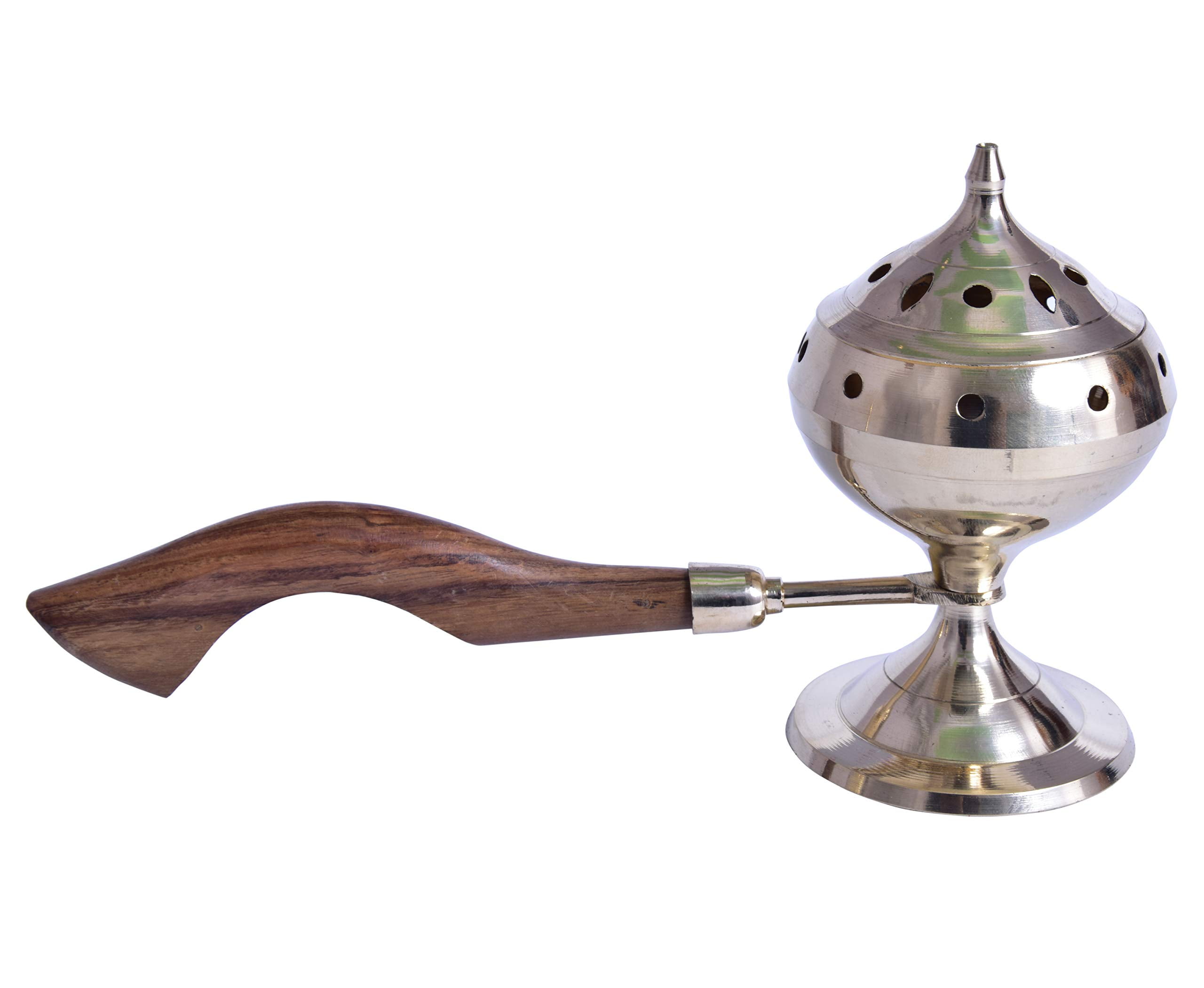 diollo 4.8 Inch Brass Incense Burner with Long Wooden Handle Dhoop Pot ...
