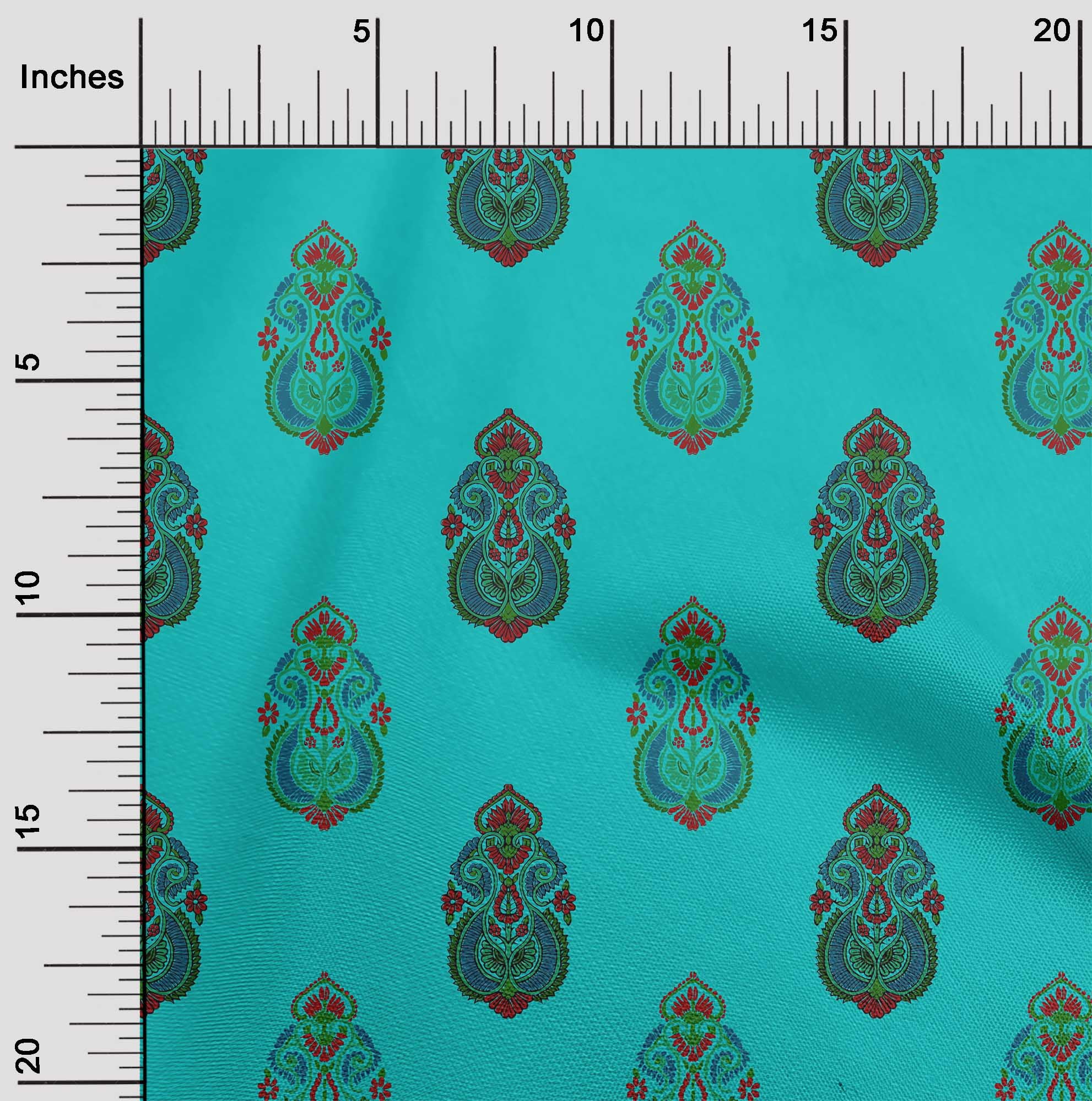 oneOone Silk Tabby Turquoise Blue Fabric Floral & Paisley Block Fabric ...