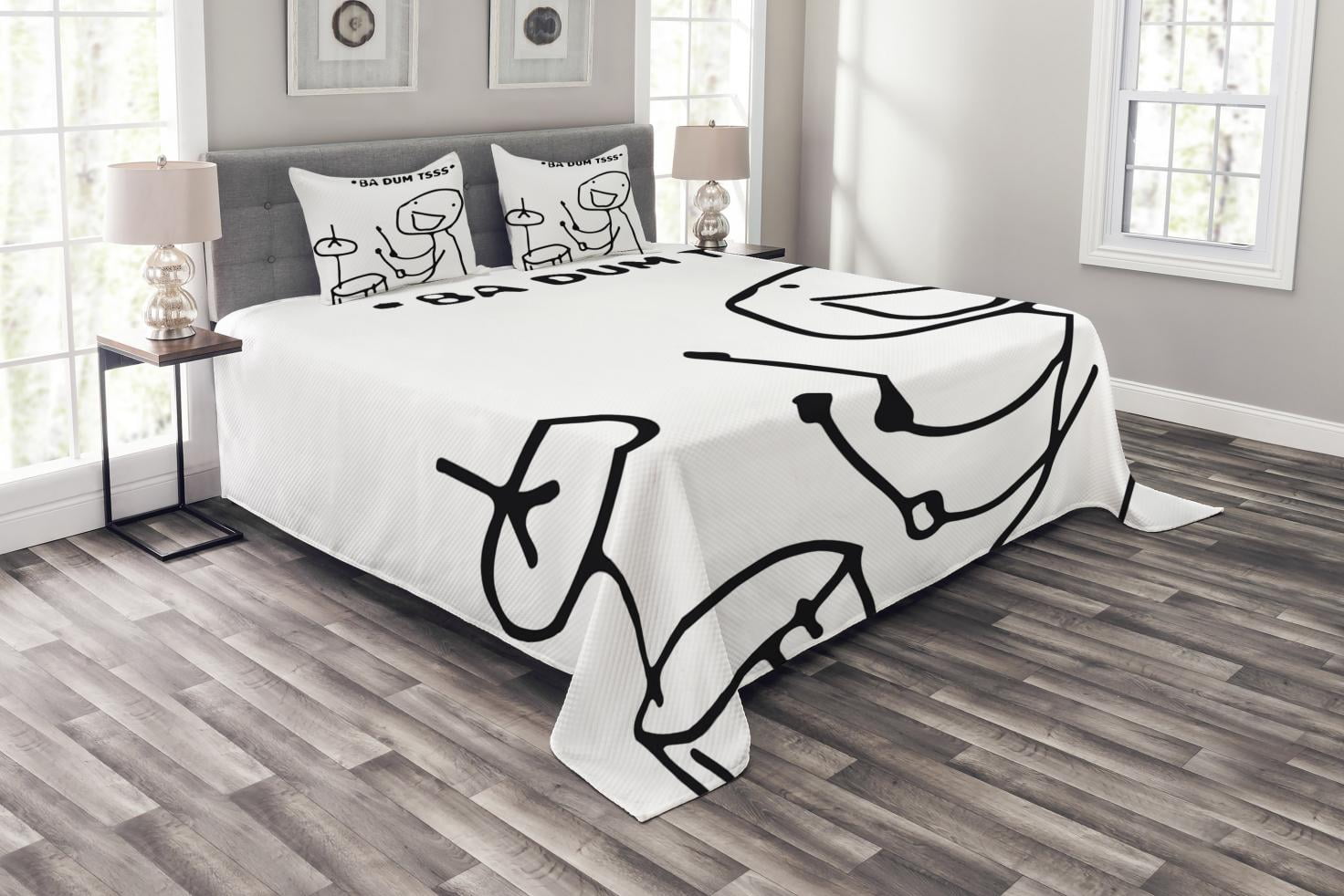 Humor Bedspread Set Queen Size, Musician Stickman Plays Drums Happy ...