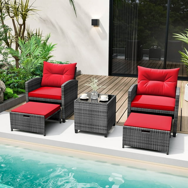 Costway 5 Piece Patio Rattan Furniture with 2 Ottomans & Tempered Glass ...