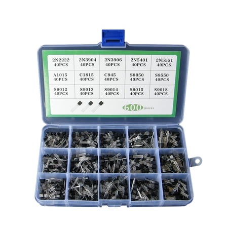 Royalbelle 600 Pcs 15 Kinds Transistor Kit 5v 5w 2n2222-s9018 PNP NPN ...