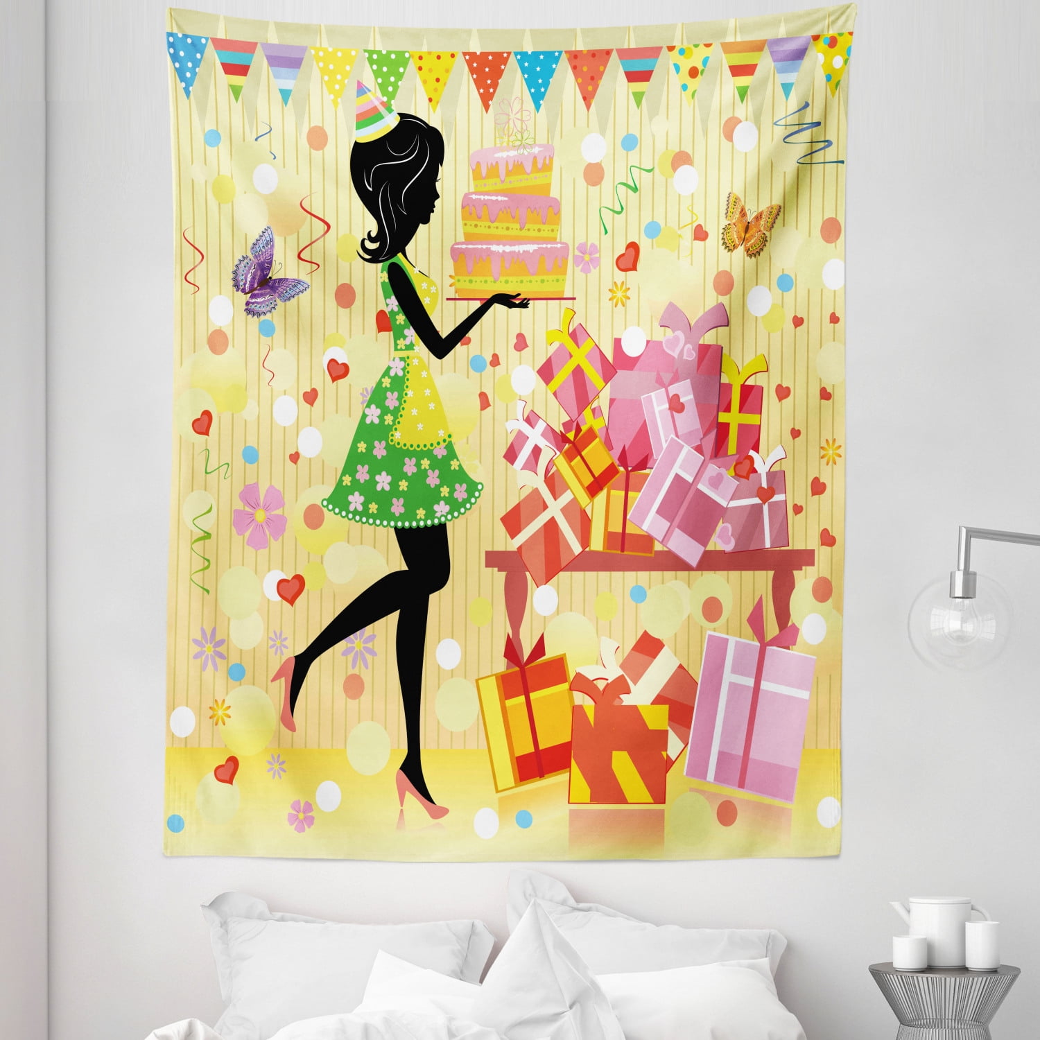 Party Tapestry, Young Woman and Birthday Cake Table Full of Presents ...