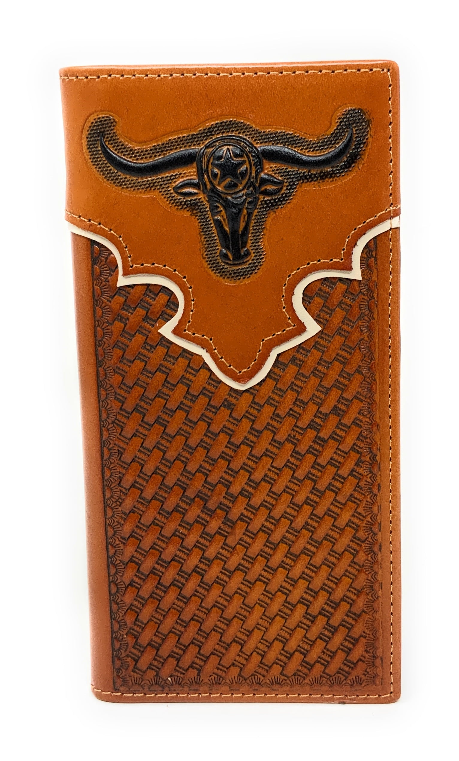 Western Genuine Leather Basketweave Floral Tooled Longhorn Mens Long ...