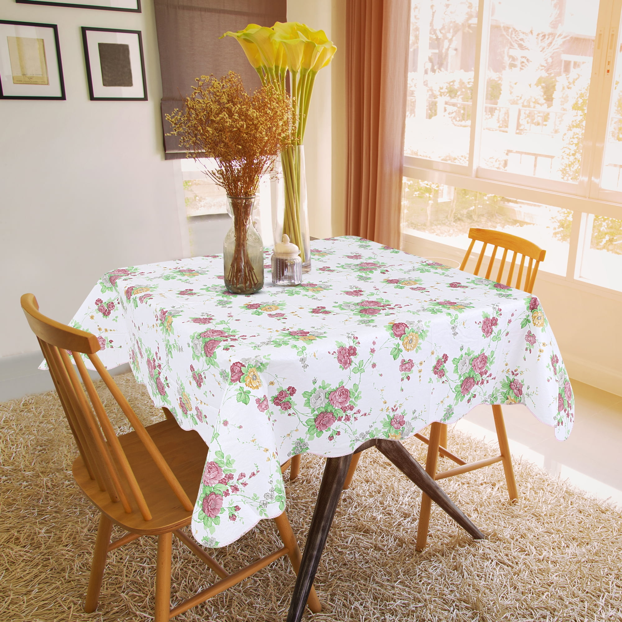 PiccoCasa Vinyl Plastic Square Tablecloth 53" x 53" Spring Flower ...