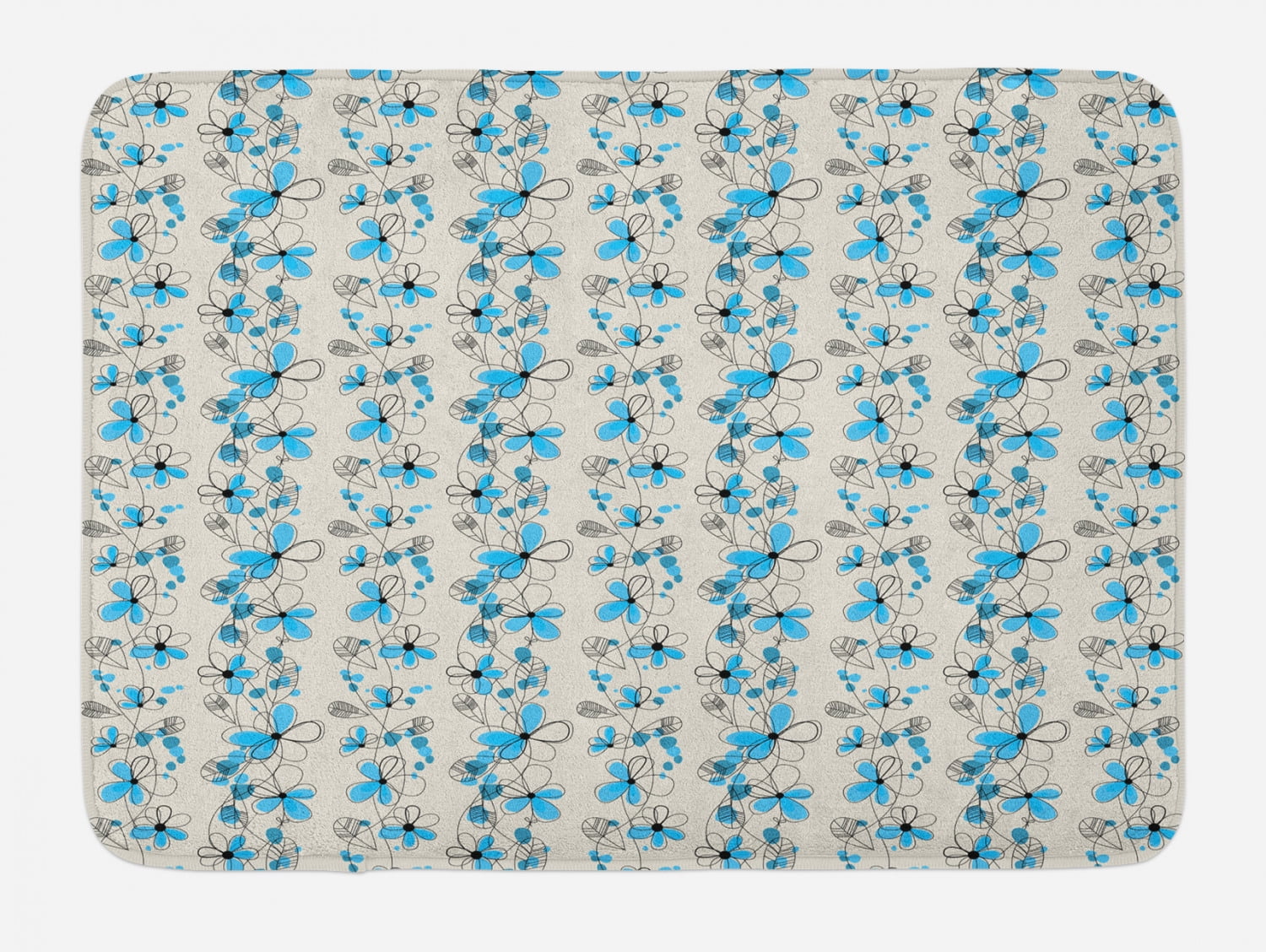 Grey and Blue Bath Mat, Childish Drawing of a Field with Blue Daisy ...
