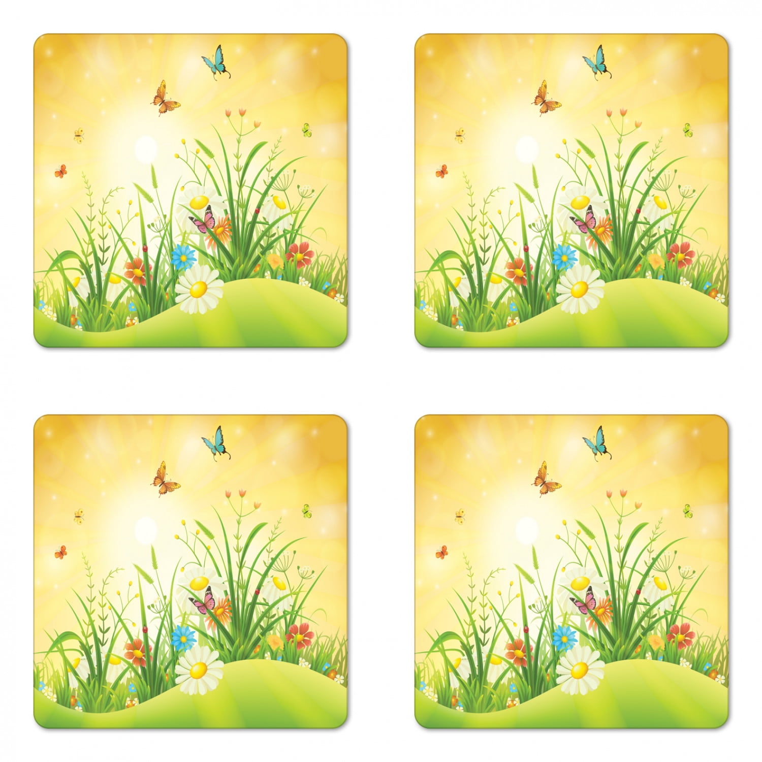Spring Coaster Set of 4, Idyllic Scenery of Summertime Daisy and ...