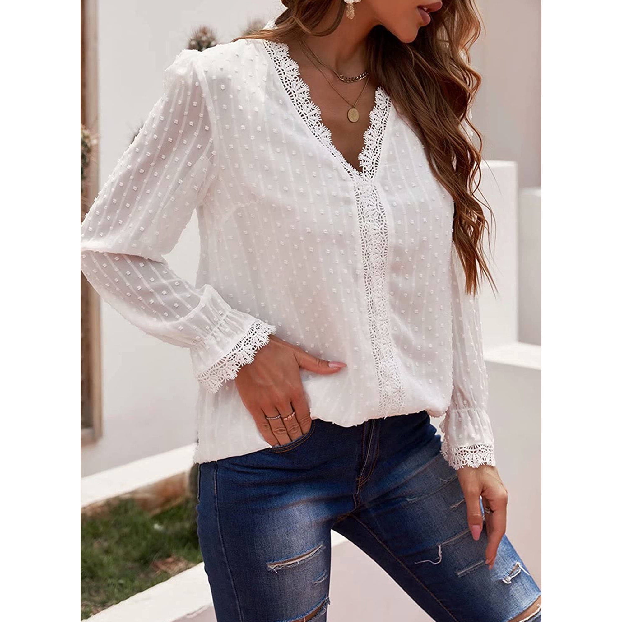 Click here for Mmirethe Women T-Shirt Solid Color Lace V Neck Sol... prices