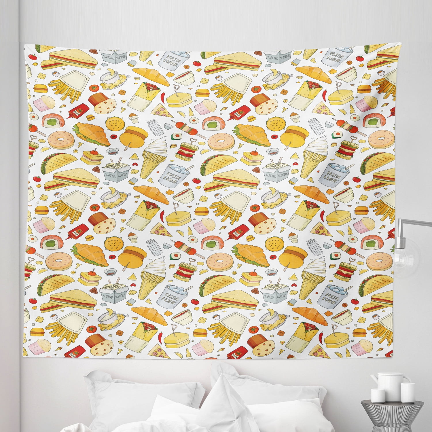Pizza Tapestry, Cartoon Snacks Fun Colorful Food Art Pattern of Street ...