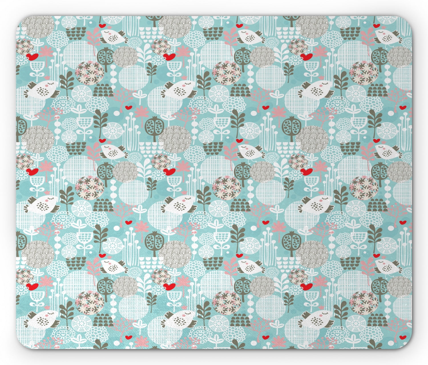 Floral Mouse Pad, Pattern with Birds Hearts Trees and Flowers ...