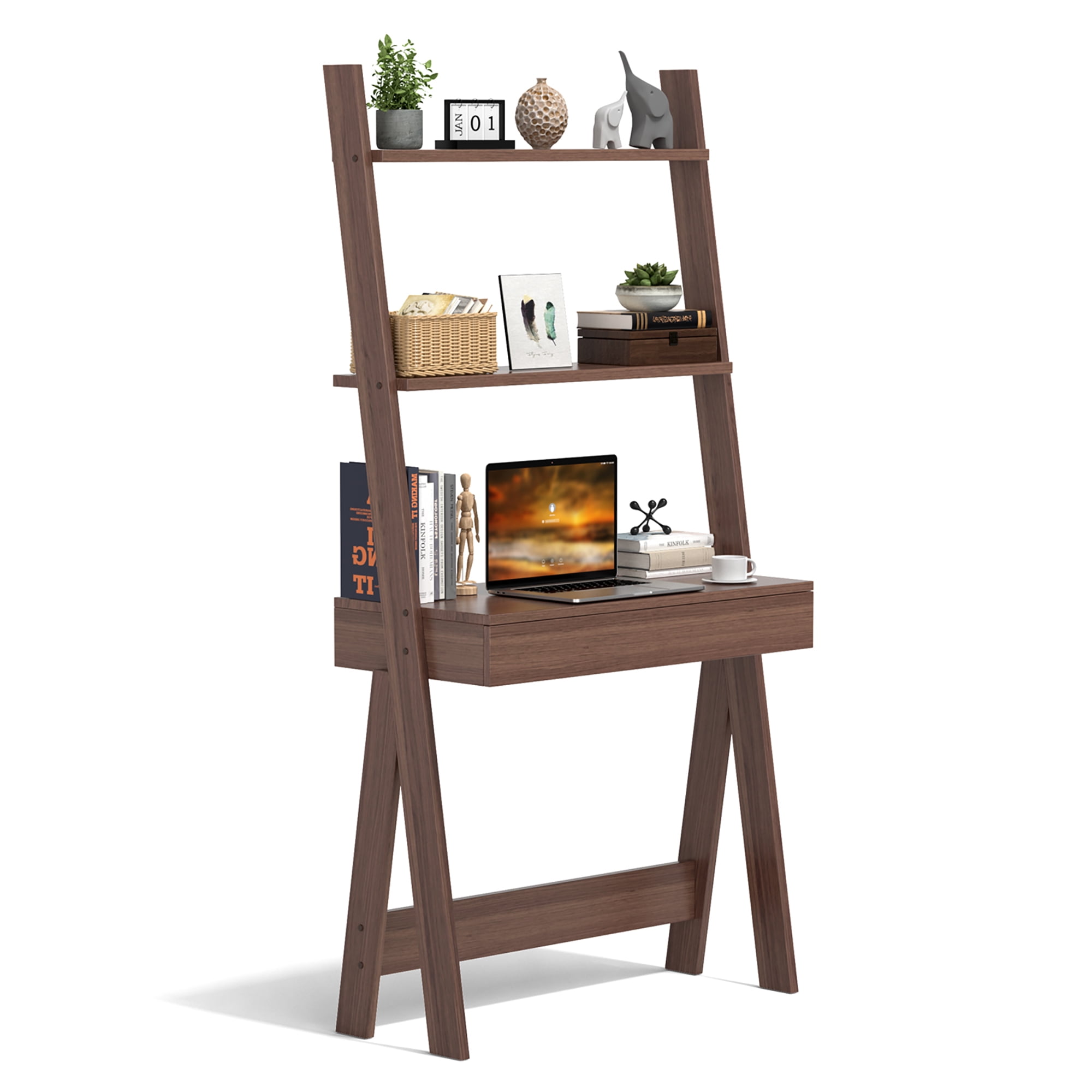 Costway Ladder Shelf Desk Bookcase w/Countertop, Drawer & 2 Shelves ...