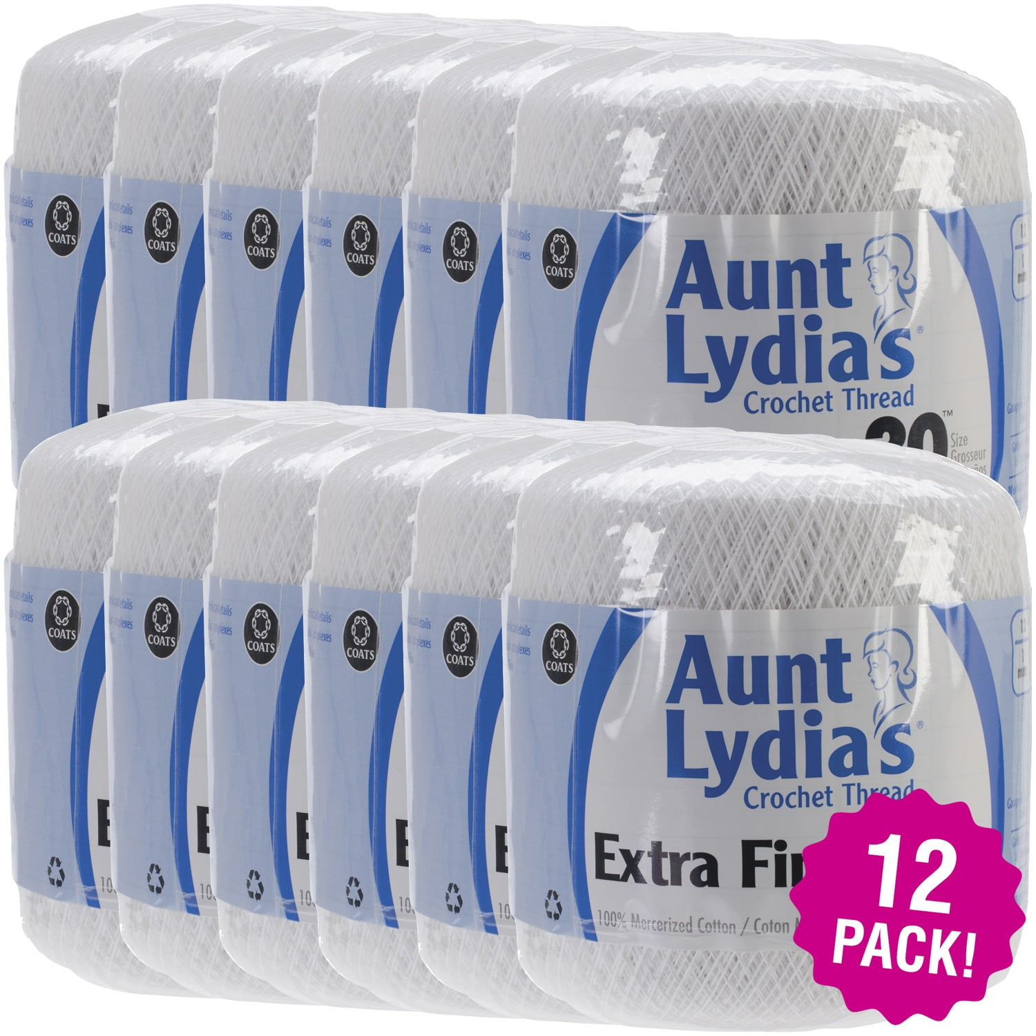 Aunt Lydia's Extra Fine Crochet Thread Size 30 - White, Multipack of 12 ...
