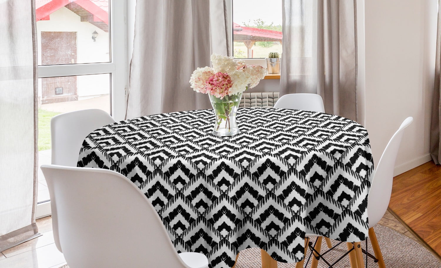 Black and White Round Tablecloth, Hand Drawn Herringbone Lines Pattern ...