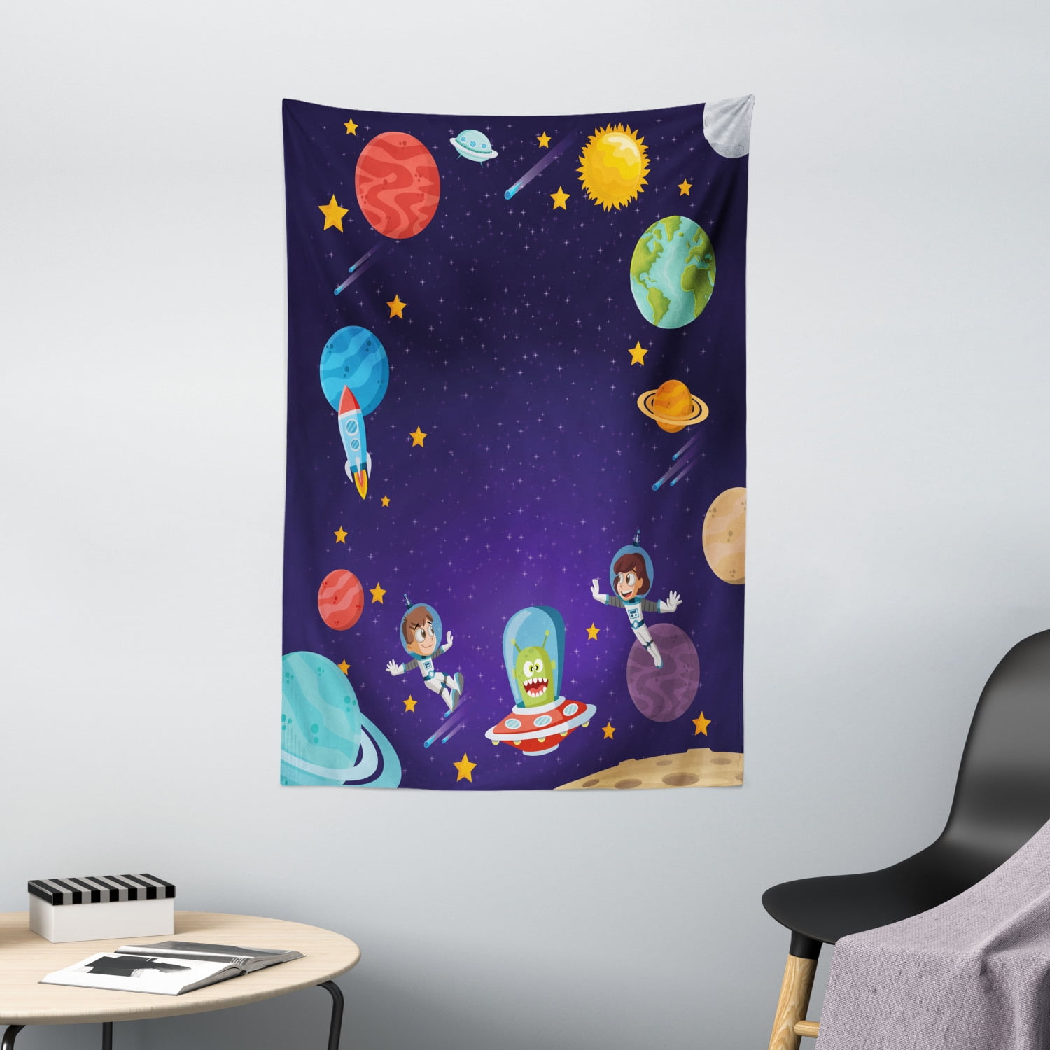 Alien Tapestry, Outer Space Themed Cartoon Astronaut Traveling Galaxies ...