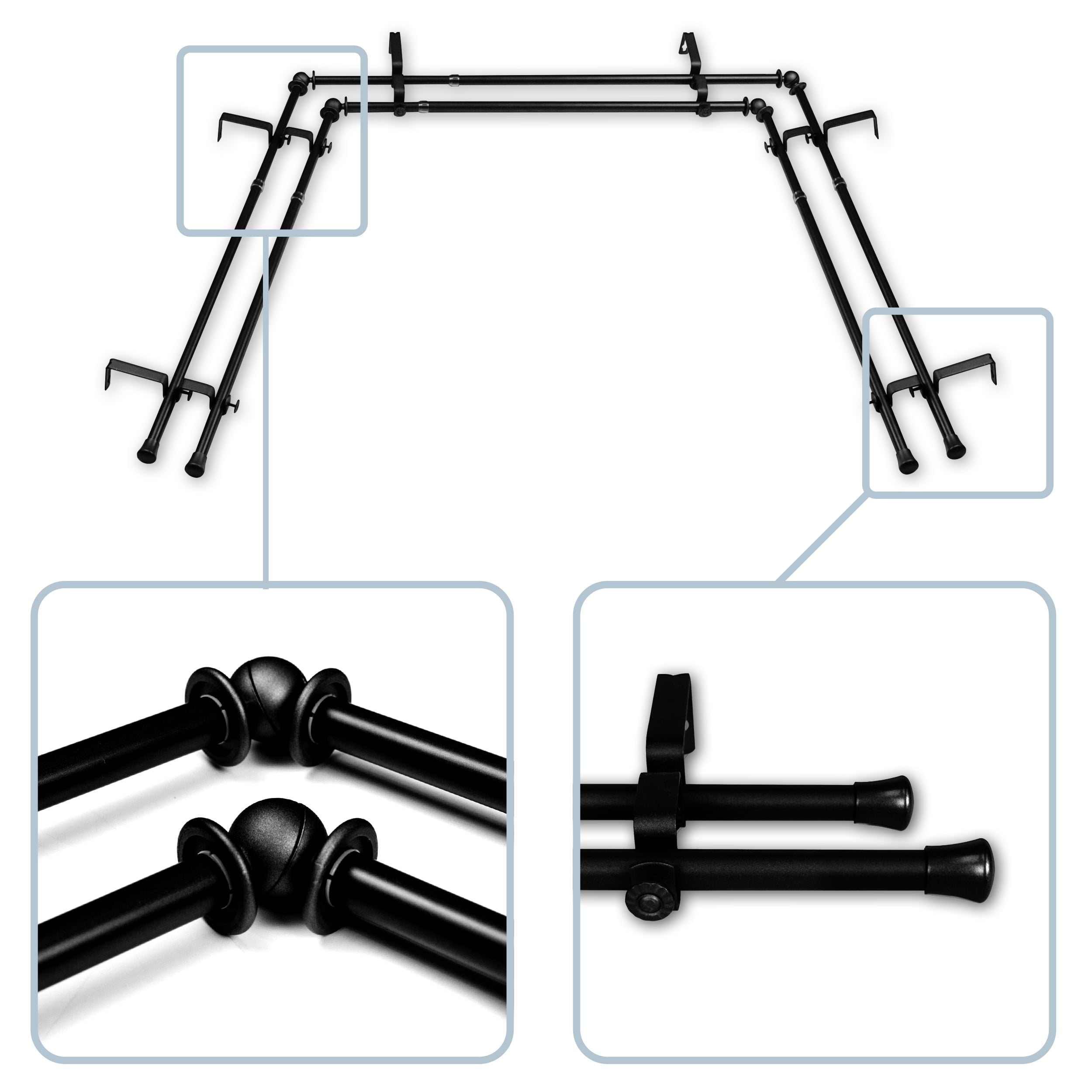 5/8" Dia Bay Window Double Curtain rod, Adjustable 20"-36", 38"-72 ...