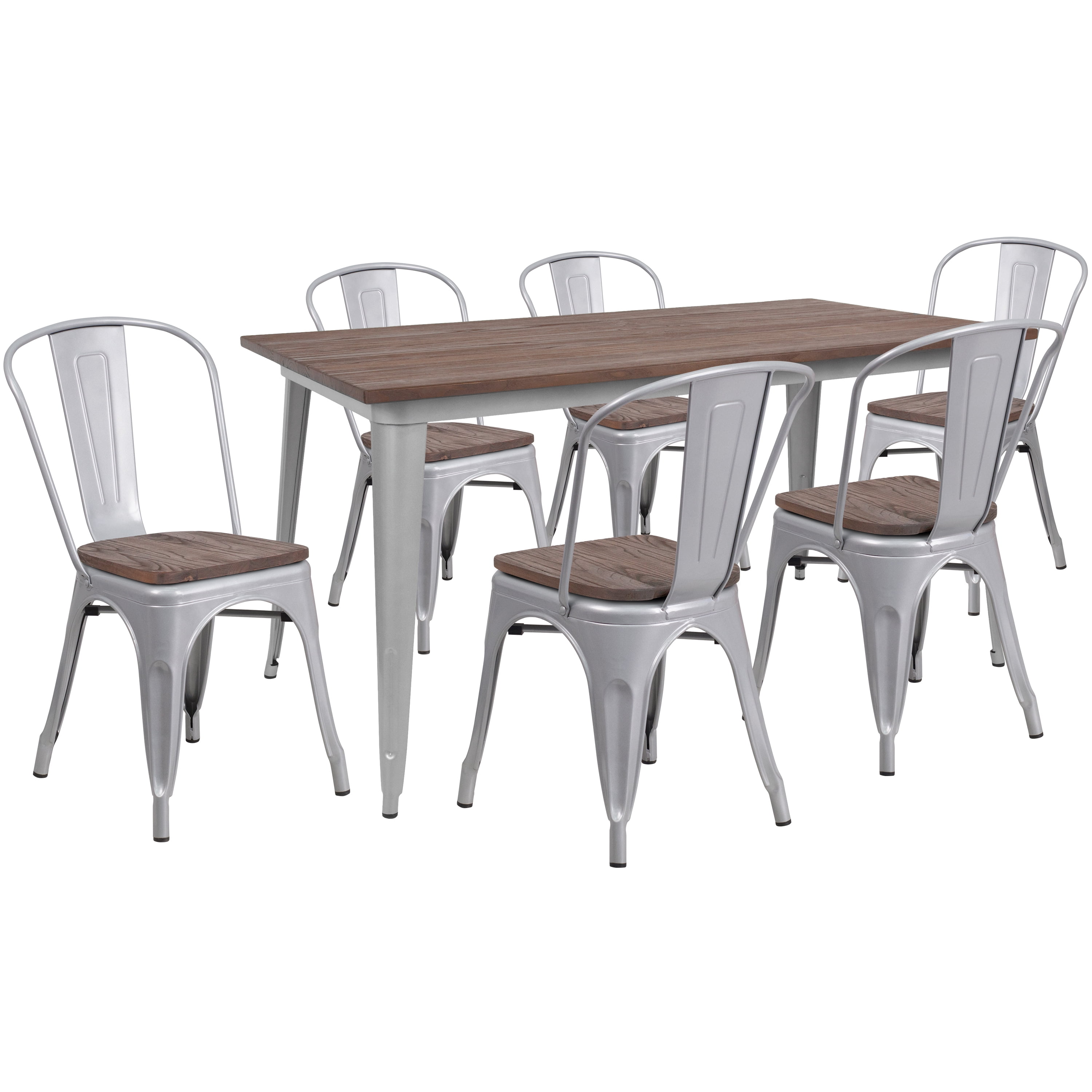 BizChair 30.25" x 60" Silver Metal Table Set with Wood Top and 6 Stack ...