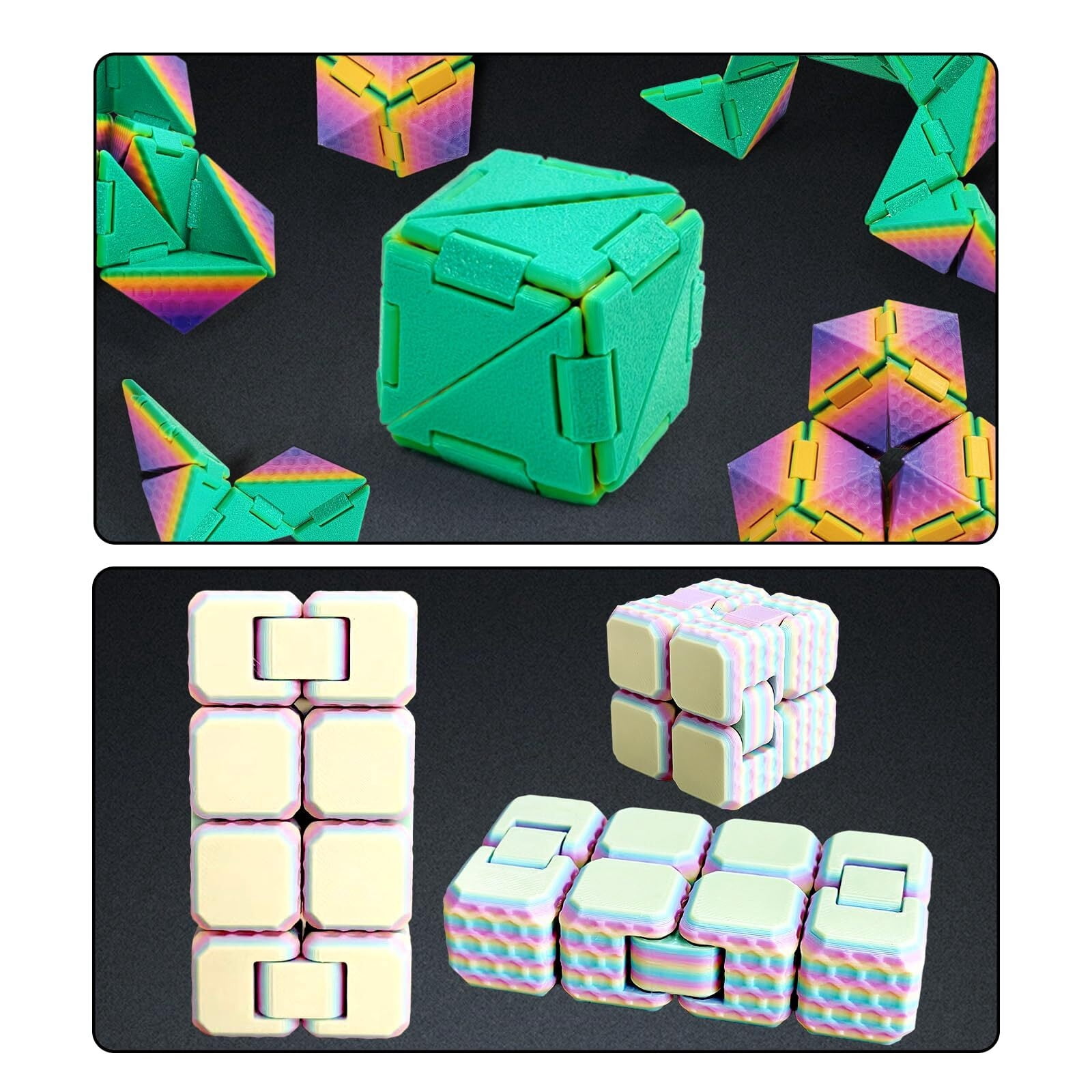5 Pack 3D Printed Fidget Set, Rainbow Spinner & 12-in-1 Cube, Desk ...