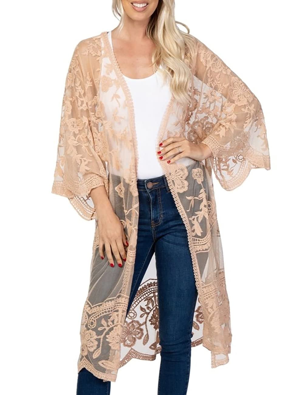 Bsubseach Women Swimsuit Cover up Mesh Lace Kimono Cardigan Open Front ...
