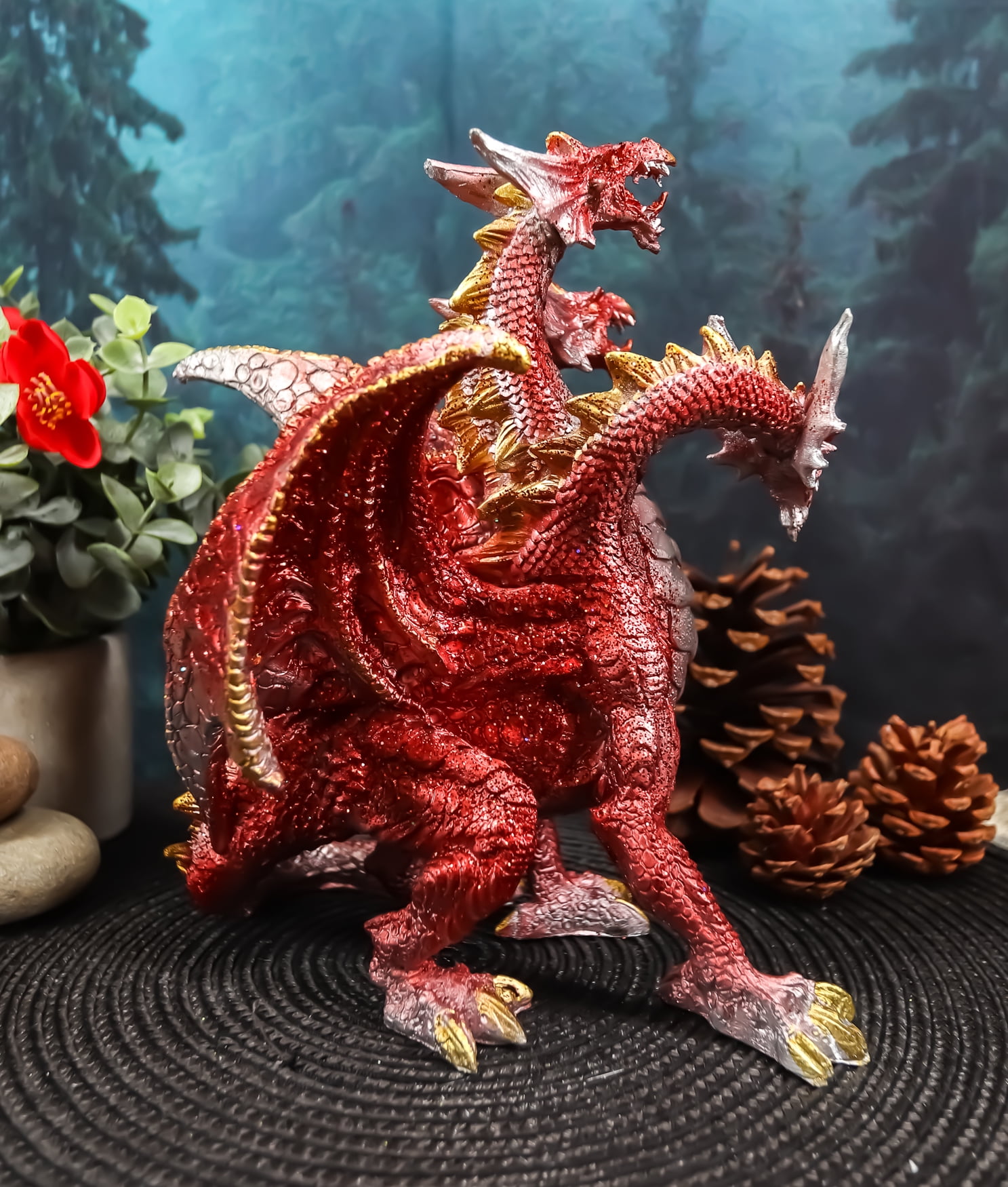 Ebros Red Fire Three Headed Dragon Hydra Roaring Statue 8" Tall ...