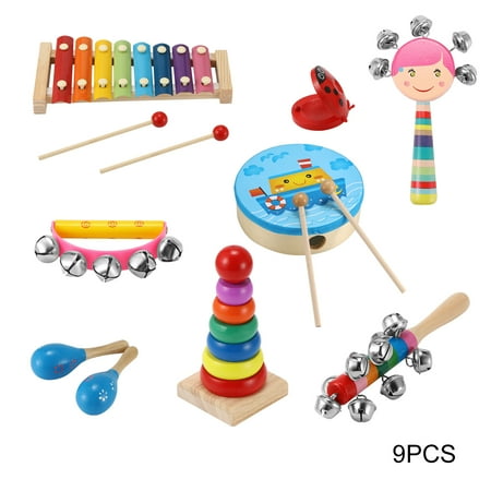 Vingtank 9Pcs/Set Kids Children Wooden Drum Bell Wood Musical ...