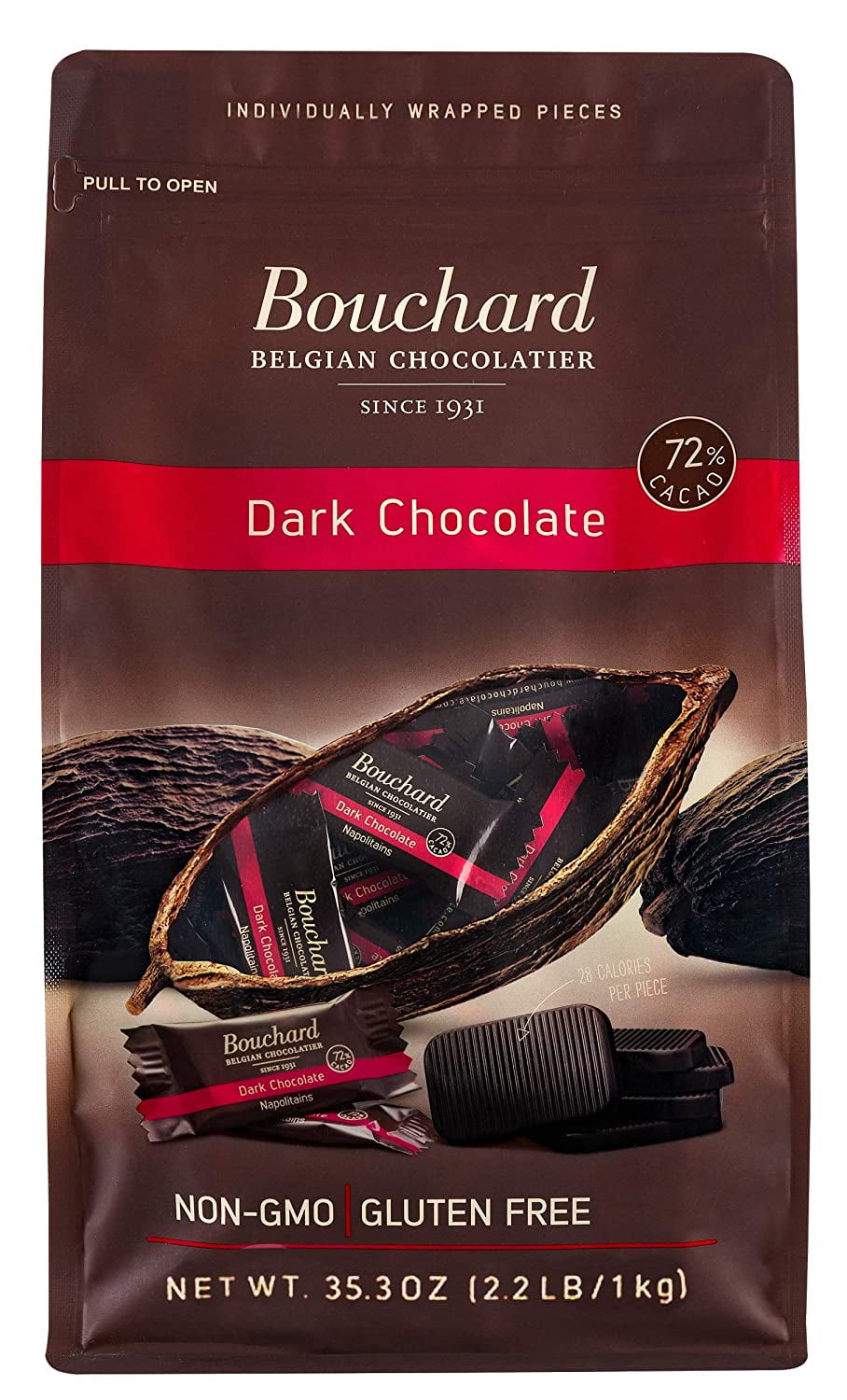 Bouchard Belgian Dark Chocolate 72% Cacao, Individually Wrapped ...