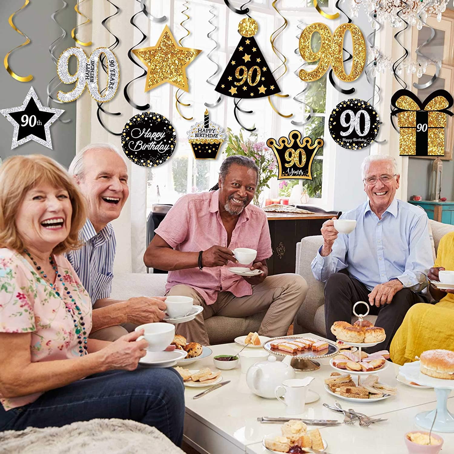 Party Supplies 90 Years Glitter Black Party Hanging Swirls Ceiling ...