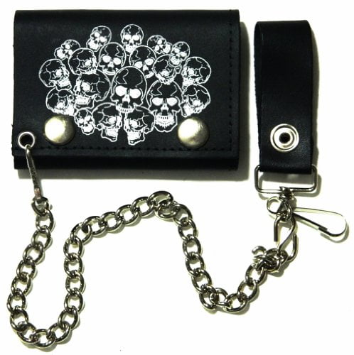 Skull Heads Desgin Biker Chain Leather Wallet Tri Fold - Walmart.com