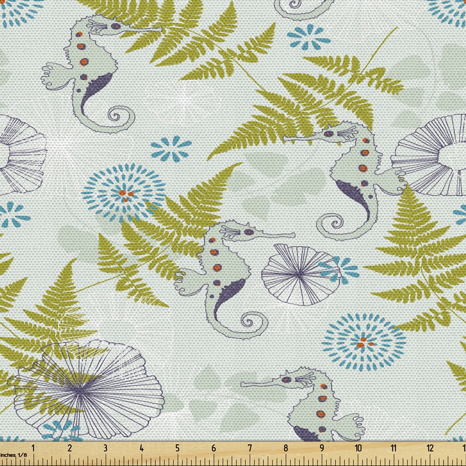 Sea Fabric by the Yard, Natural Theme Seahorses and Fern Patterns ...