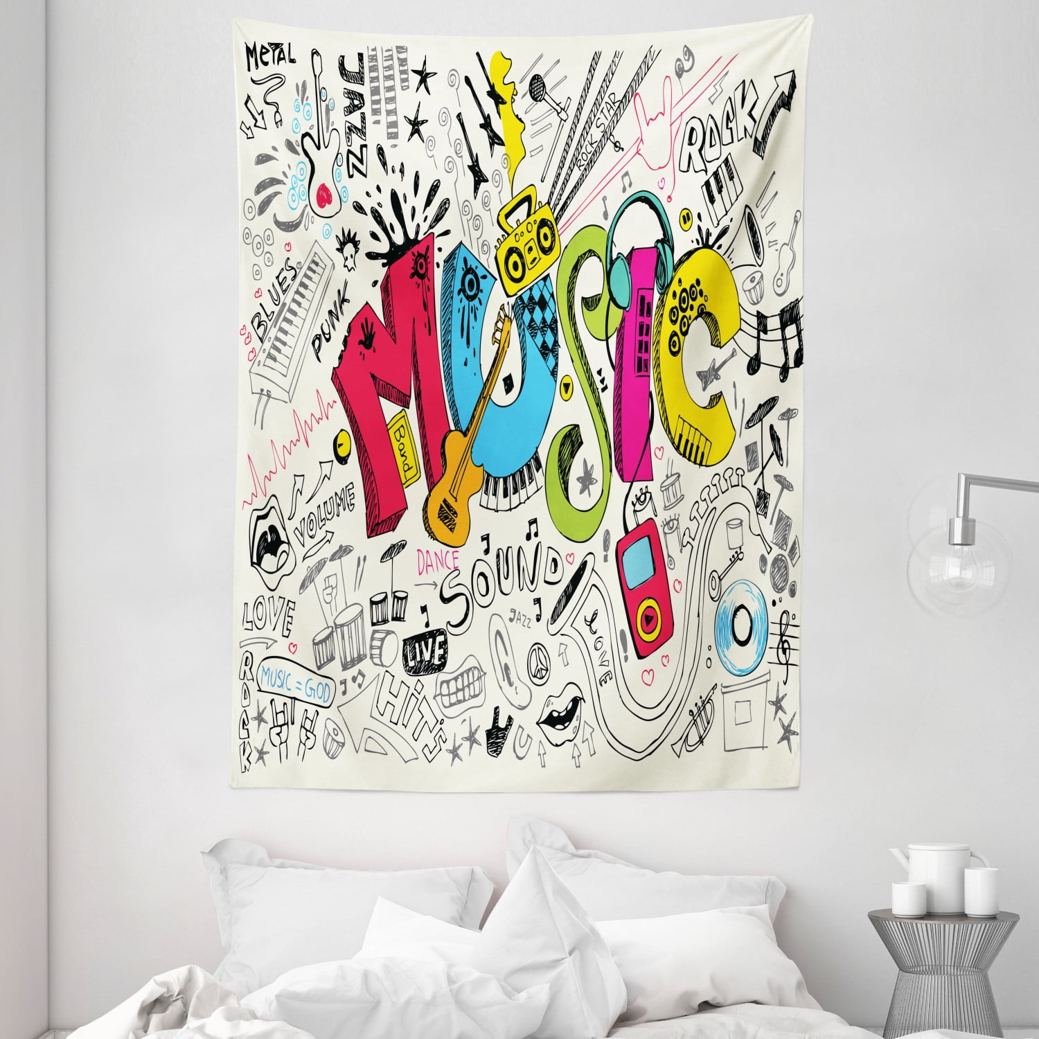 Music Tapestry, Pop Art Featured Doodle Style Musical Background with ...