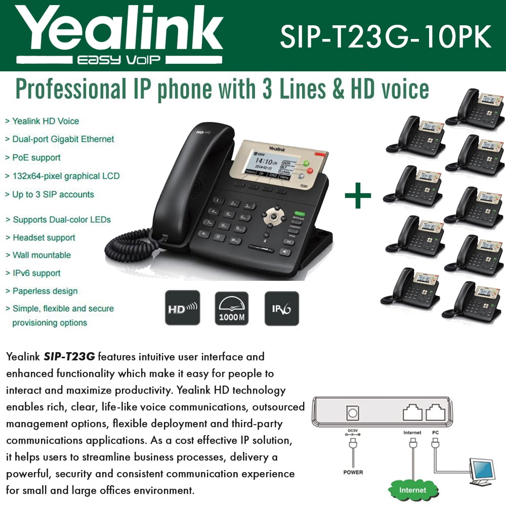 Yealink IP Phone VoIP SIP-T23G (10 Units) Dual-port Gigabit 3-Line PoE ...