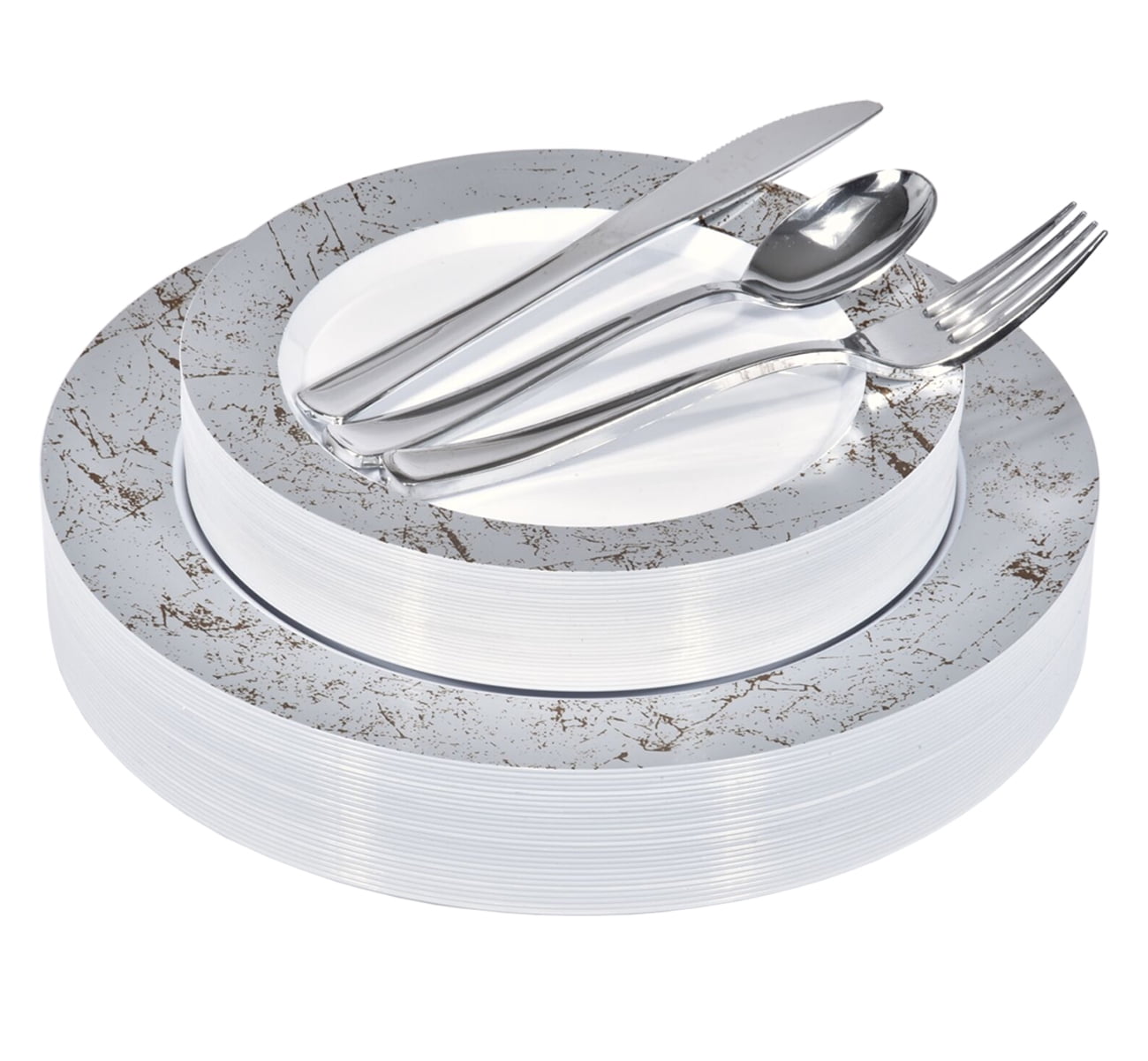 Stock Your Home 125 Piece Plastic Place Setting- Silver Marble ...