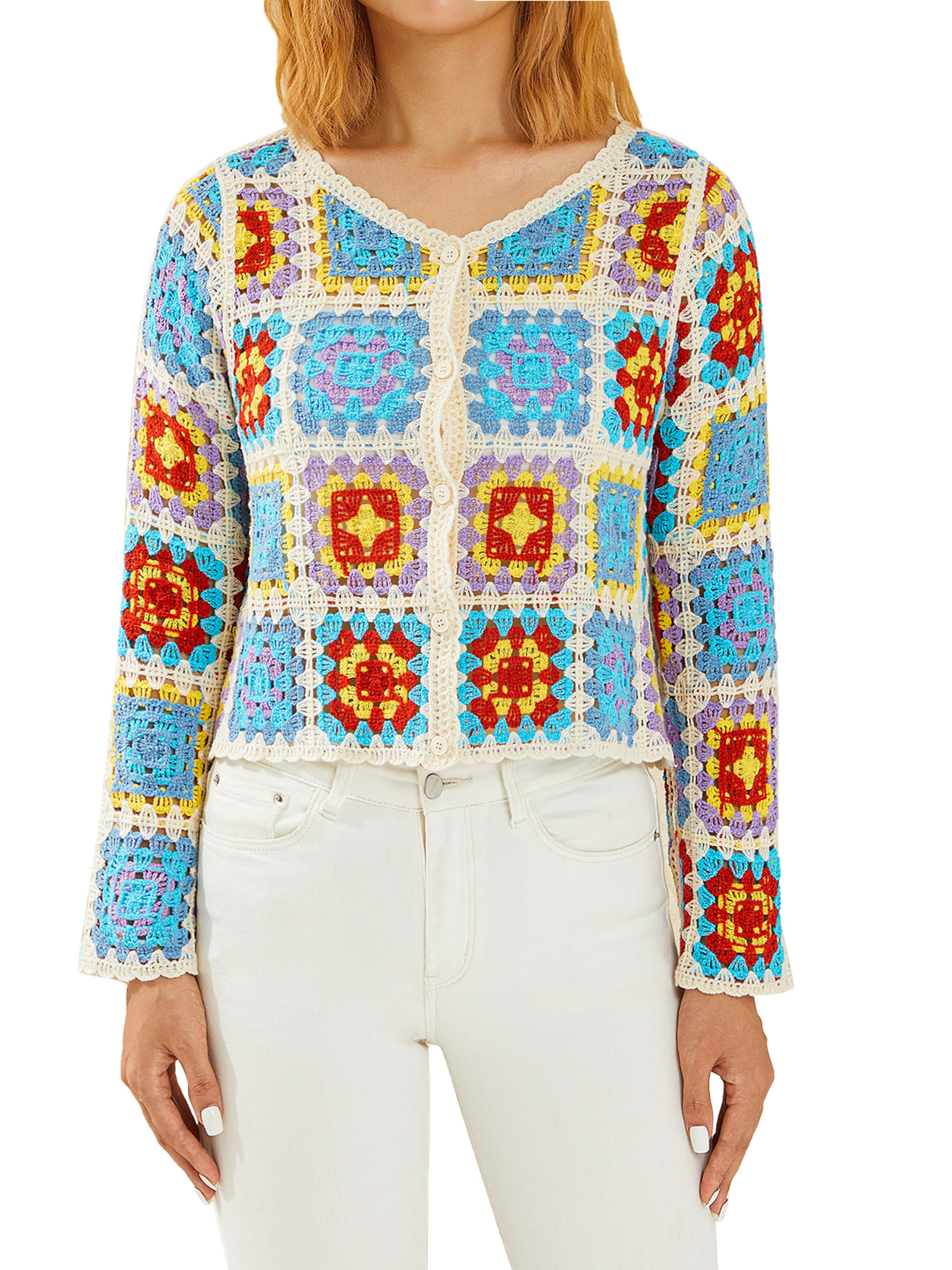 Douhoow Women Knit Cardigan See Through Sweater Retro Colorful Print ...