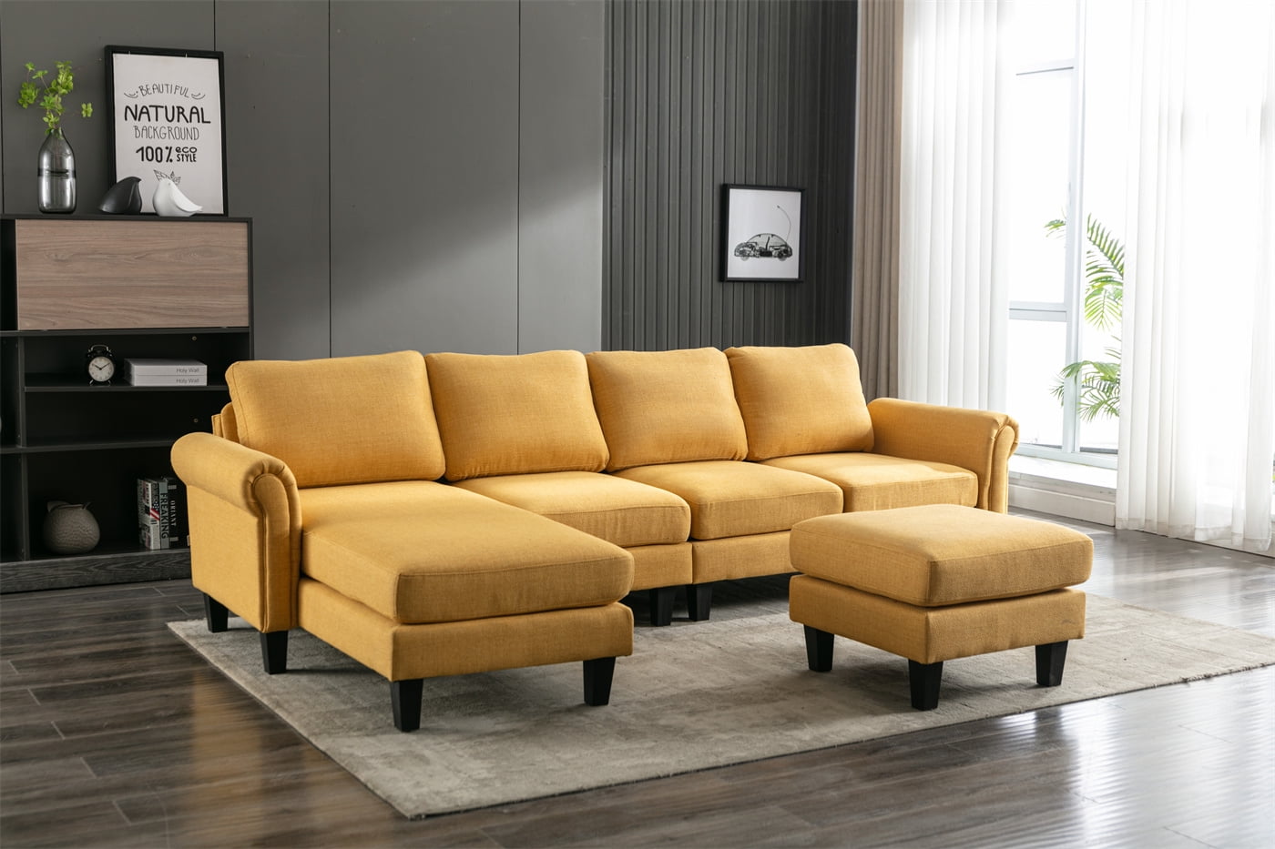 L Shape Sectional Sofa with Removable Ottoman, Modern Linen Fabric ...