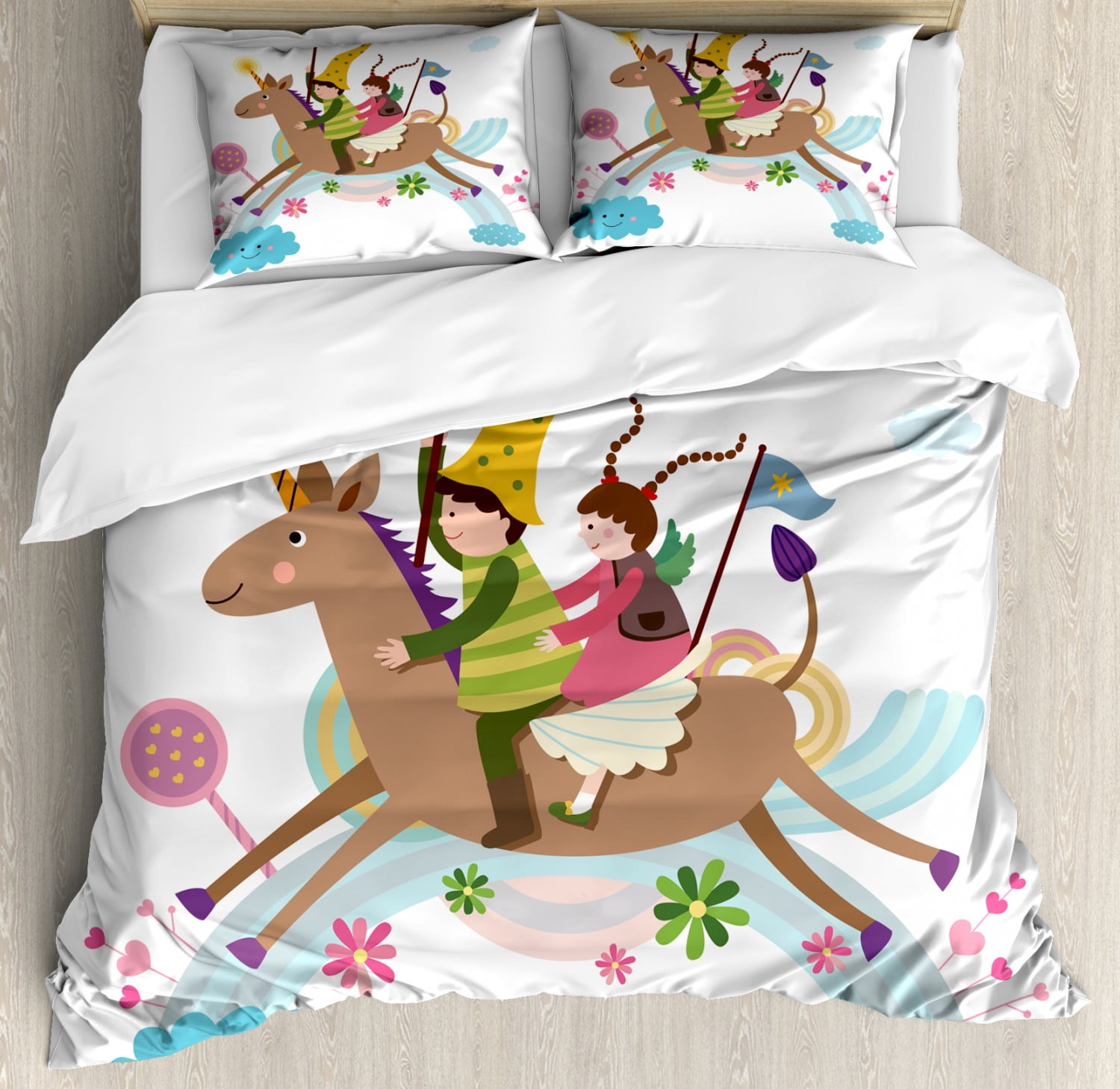 Donkey Duvet Cover Set Queen Size, Fairytale Cartoon Children Riding a ...