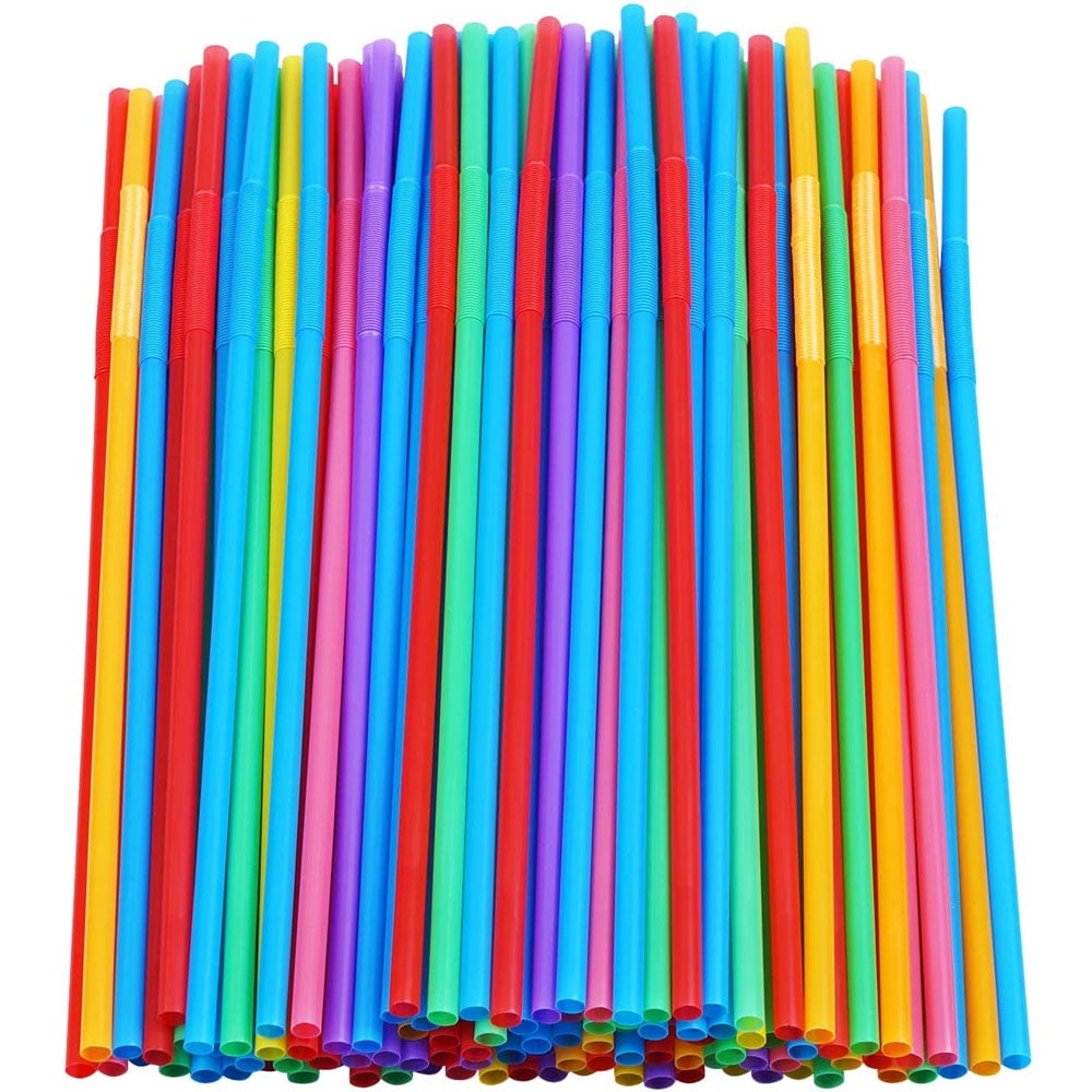 100 PCS Flexible Plastic Drinking Straws, 10-13inch Stretched Extra ...