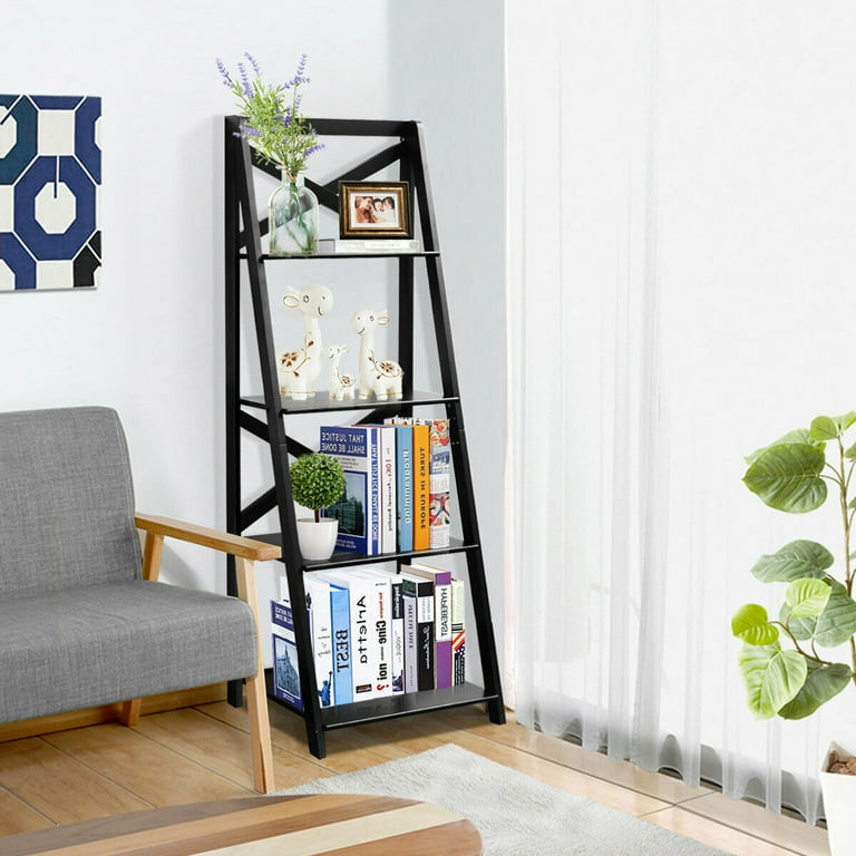 Costway 4 Tier Ladder Shelf Bookshelf Stylish Book Shelves Furniture Solid Wood Storage Display Home Office Decor Walmart
