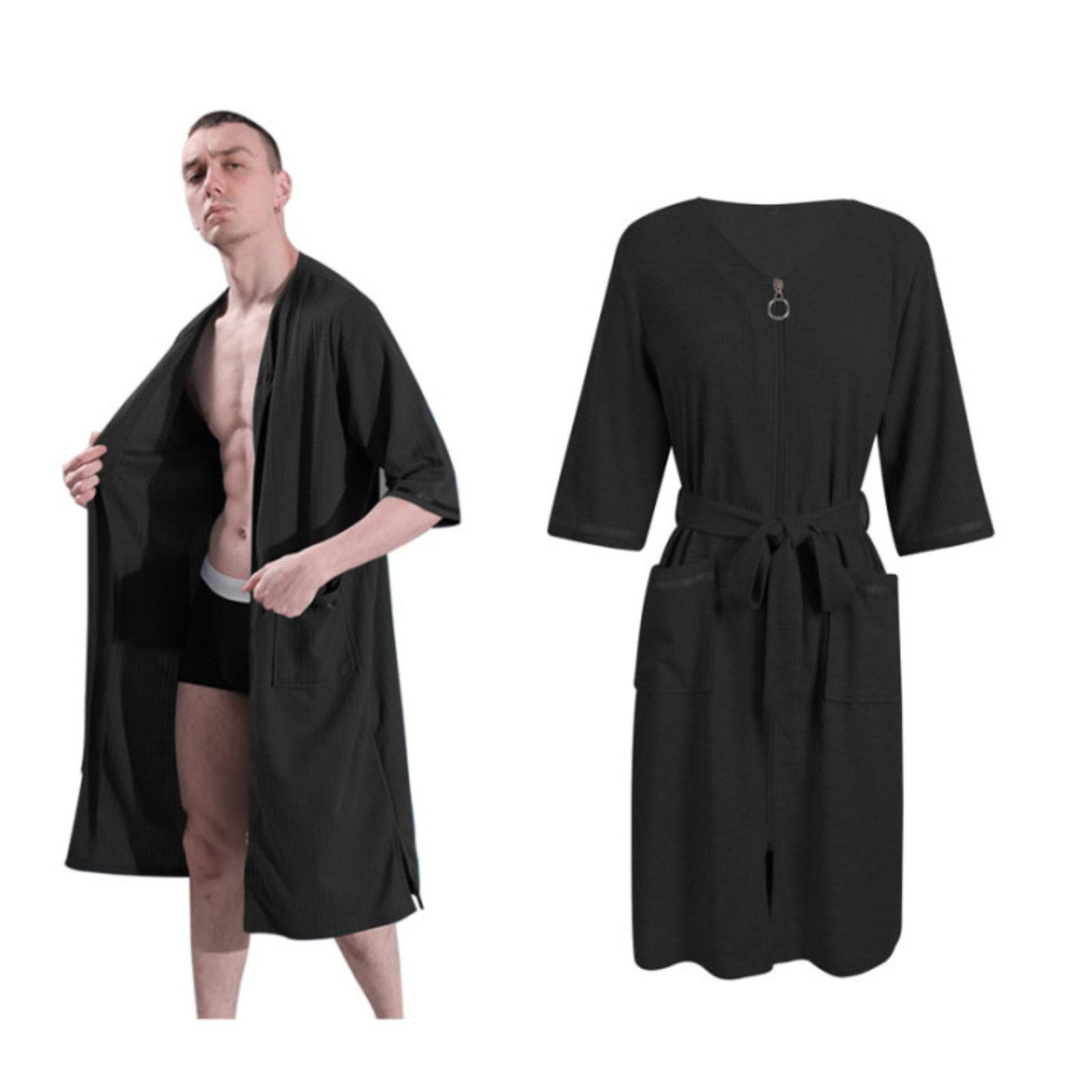EFINNY Men's Zipper Robe 3/4 Sleeve House Wear Knee Length Sleepwear ...