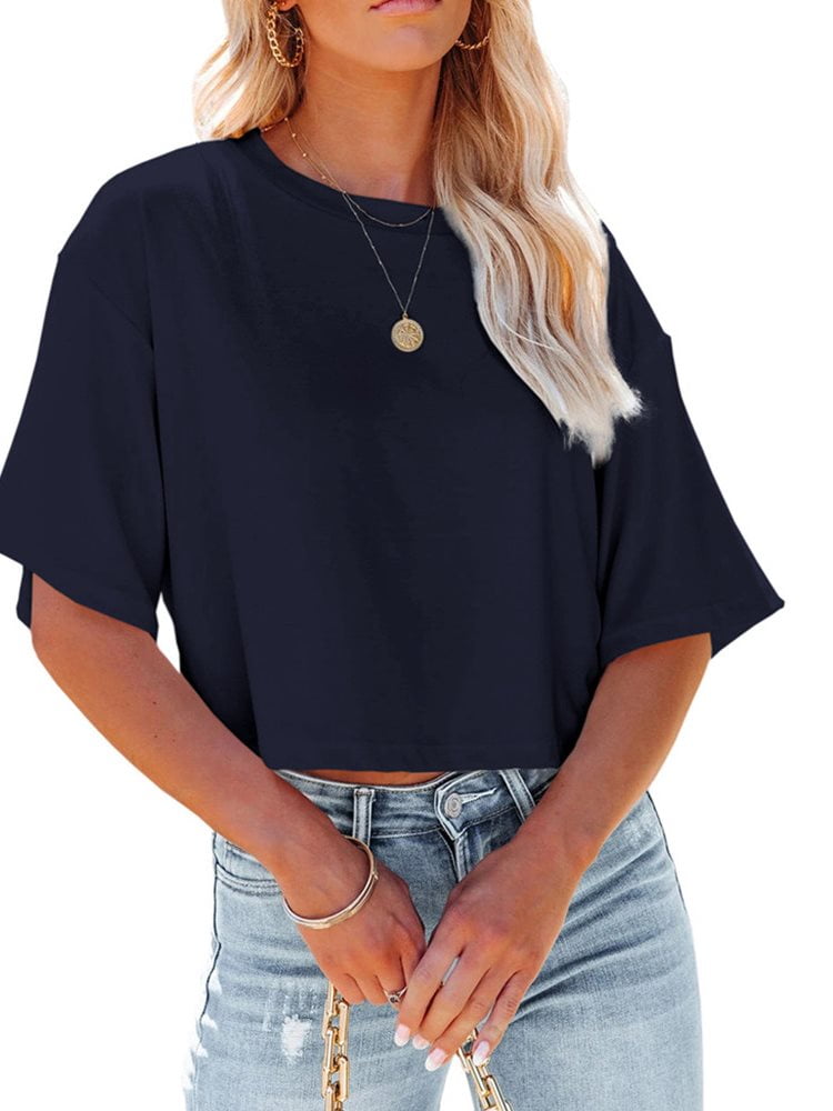 Dellytop Women Half Sleeve Drop Shoulder Solid Color Basic Crop Tops ...