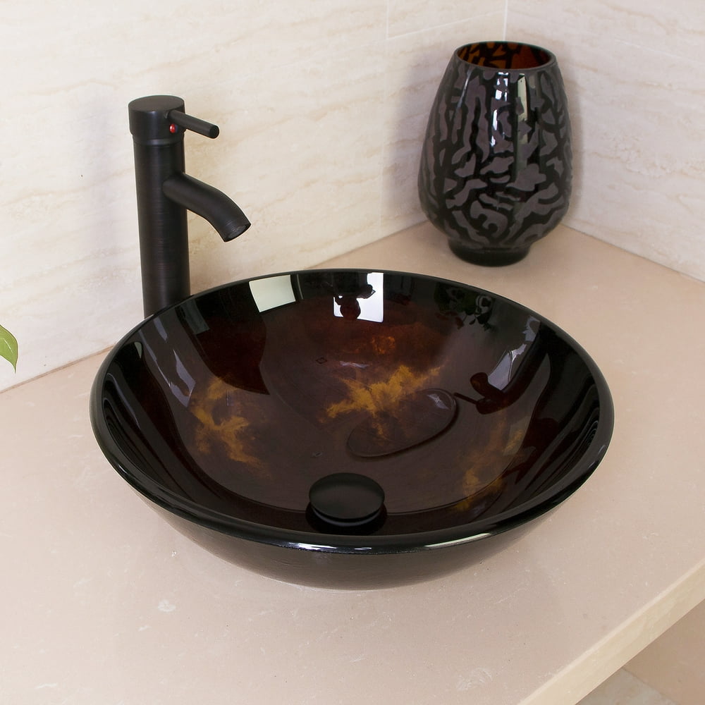 Wonline Round Tempered Glass Bathroom Vessel Sink Bowl Without Overflow Equipped With Oil
