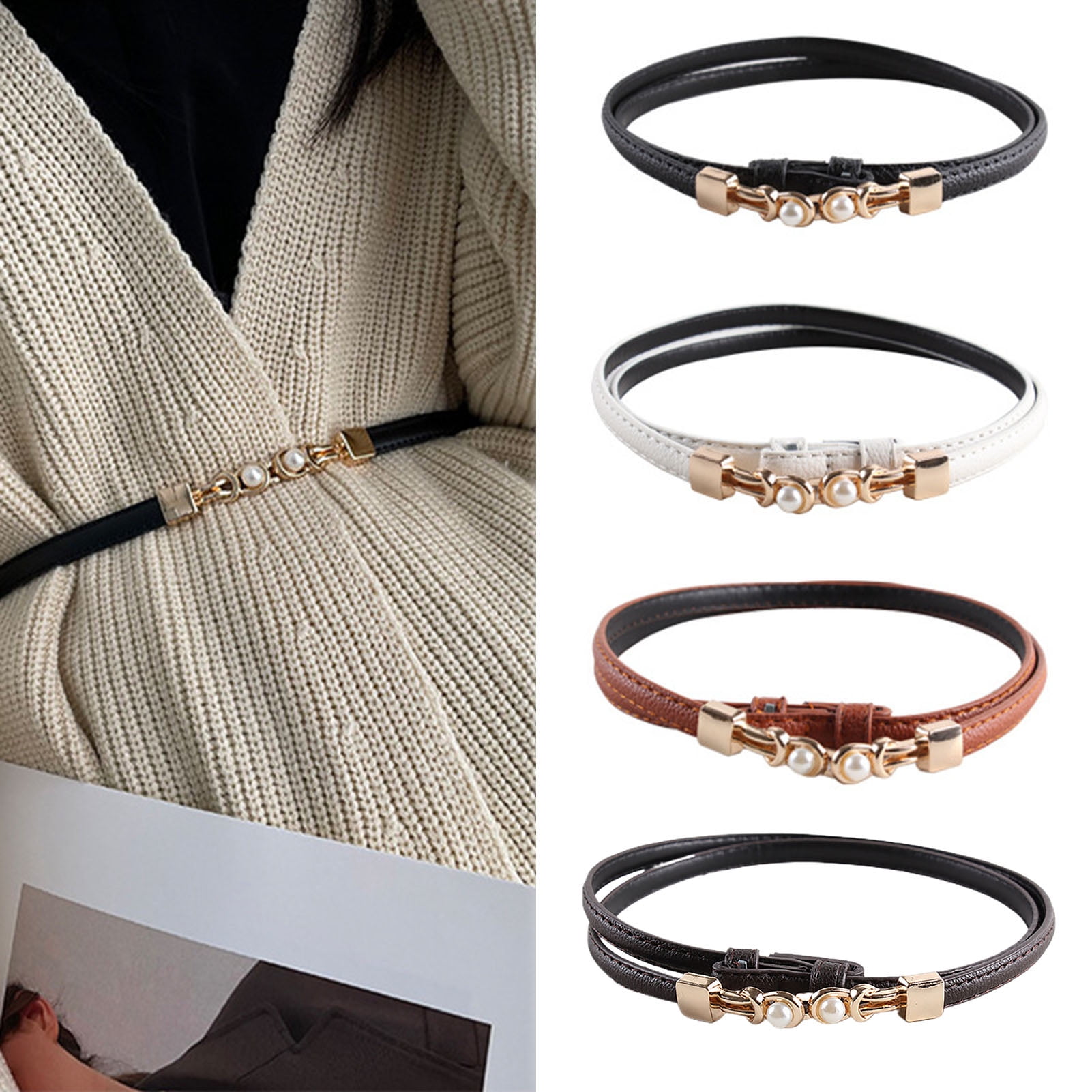 rygai Women Waist Belt Faux Pearl Narrow Anti-break Adjustable Solid ...